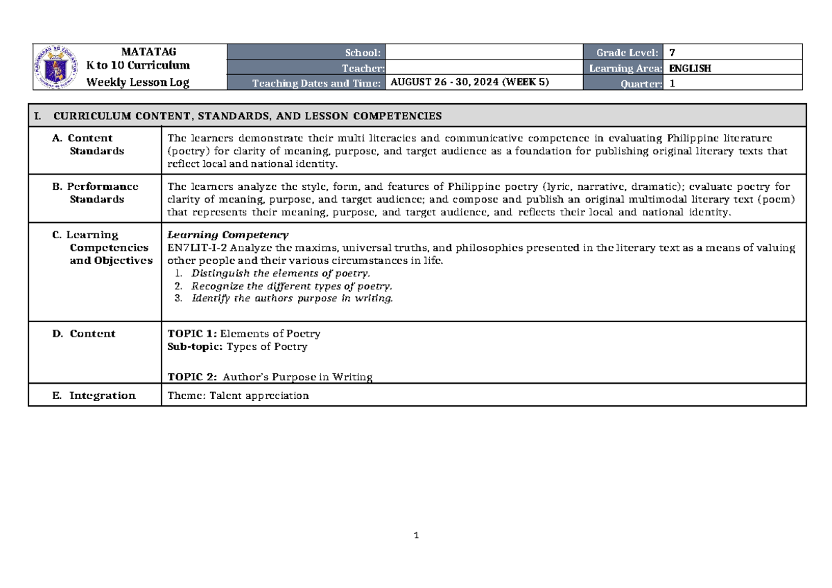 DLL Matatag English 7 Q1 W5 - MATATAG K to 10 Curriculum Weekly Lesson Log School: Grade Level ...