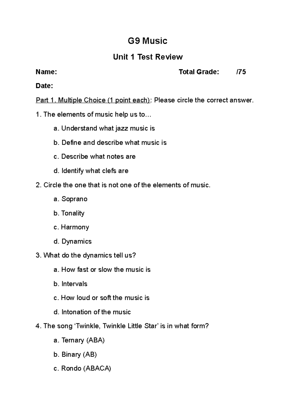 G9 Music- Unit 1 Test Review - G9 Music Unit 1 Test Review Name: Total ...