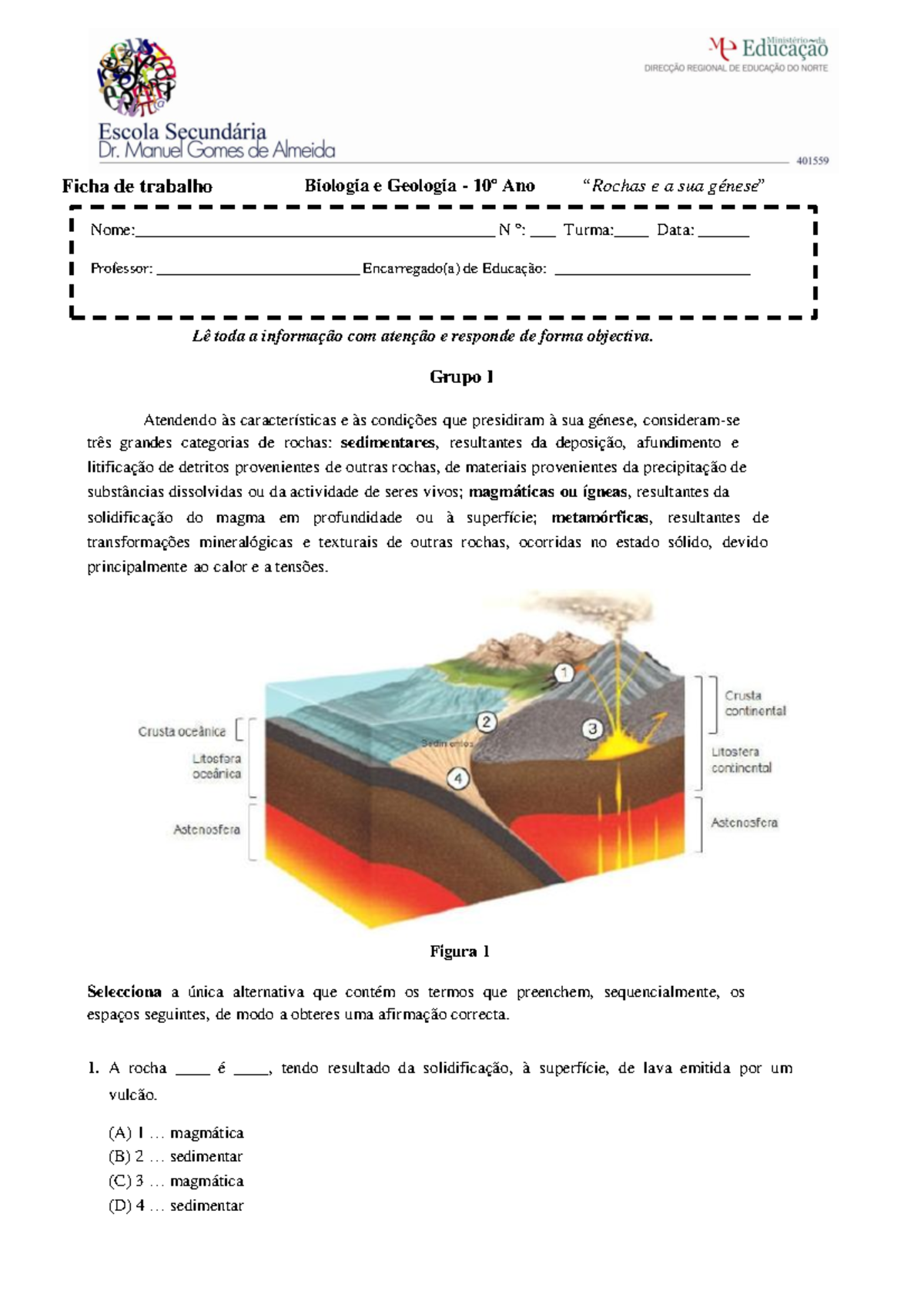 Ficha de trabalho Biologia e Geologia - 10º Ano Rochas e a sua génese ...