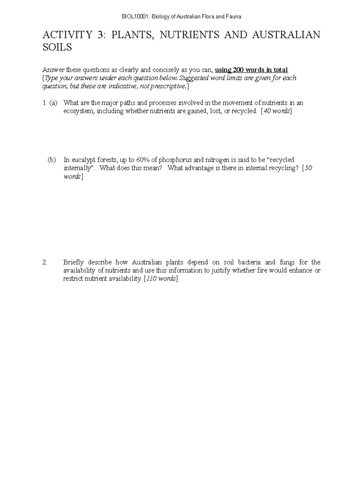 BIOL10001 Activity 3 Submission Template-1 - BIOL10001: Biology of ...