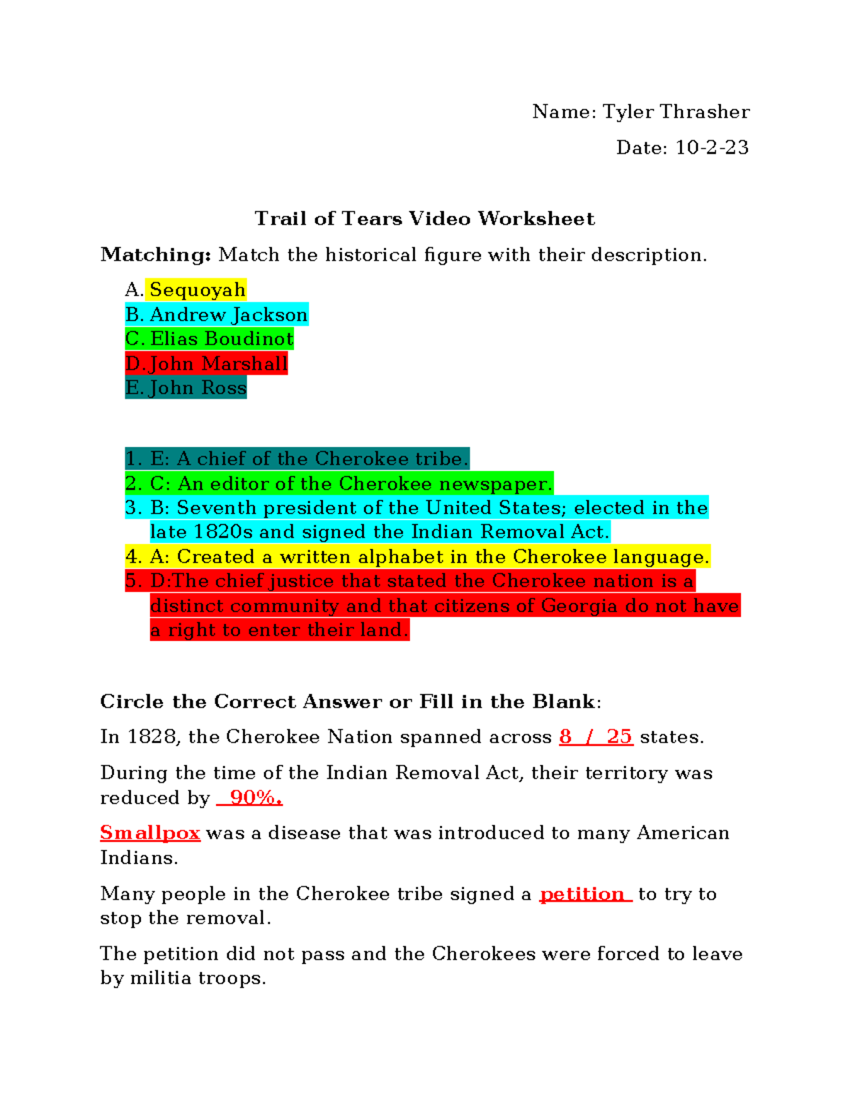 Trail of Tears Worksheet - Name: Tyler Thrasher Date: 10-2- Trail of ...