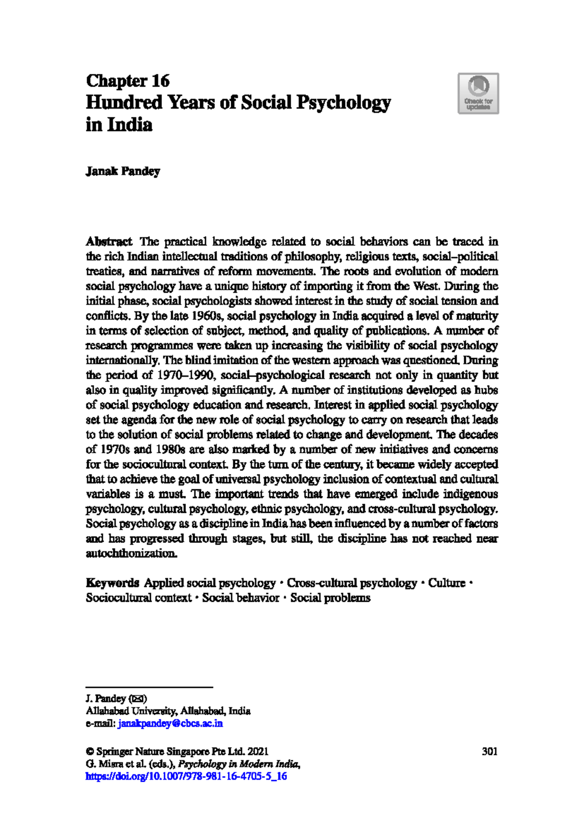 100 years of social psychology in India Pandey 2021 - Chapter 16 ...