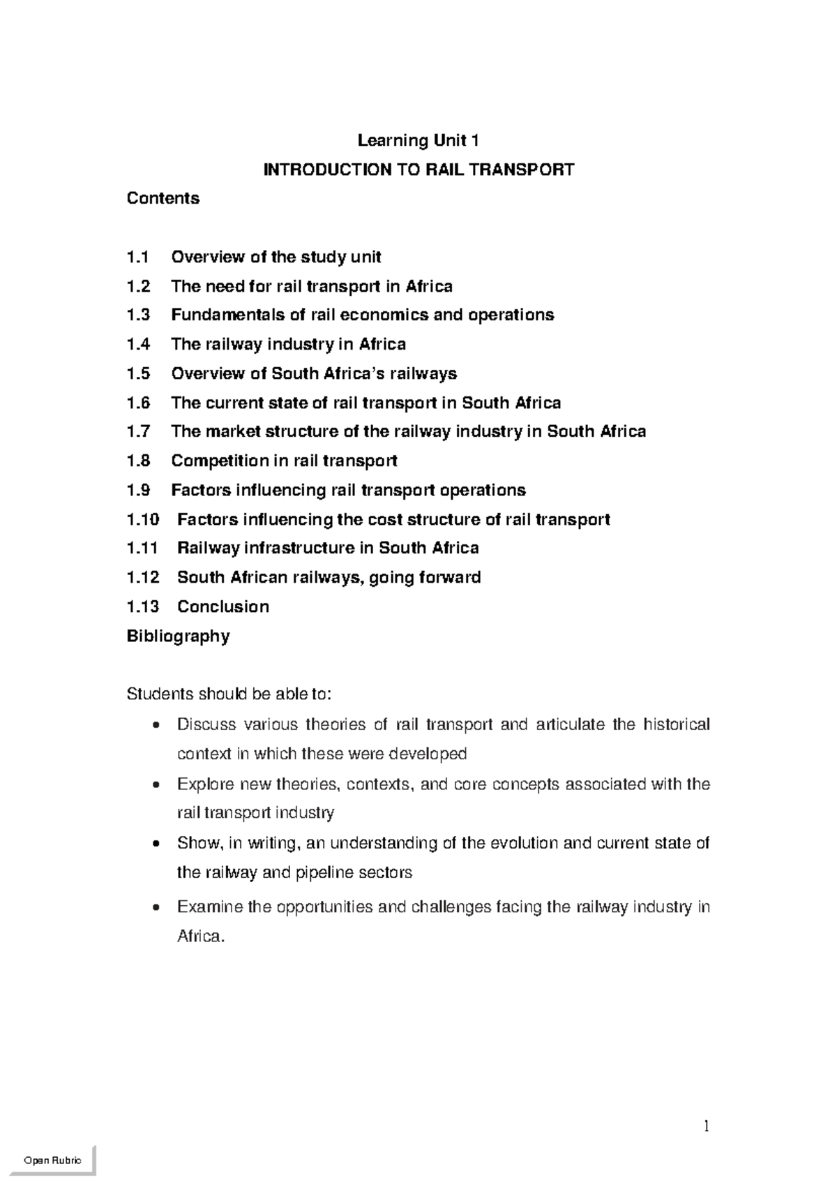 Study Guide 2022 All Units - 1 Learning Unit 1 INTRODUCTION TO RAIL TRANSPORT Contents 1 ...
