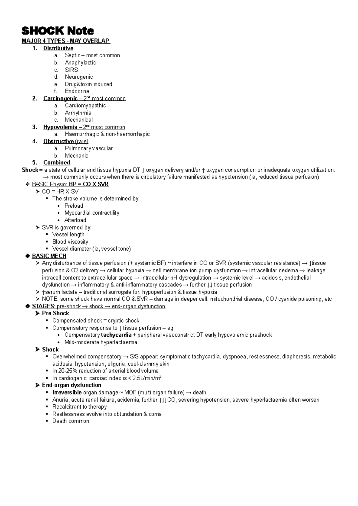 Types of Shocks - SHOCK Note MAJOR 4 TYPES - MAY OVERLAP 1 ...
