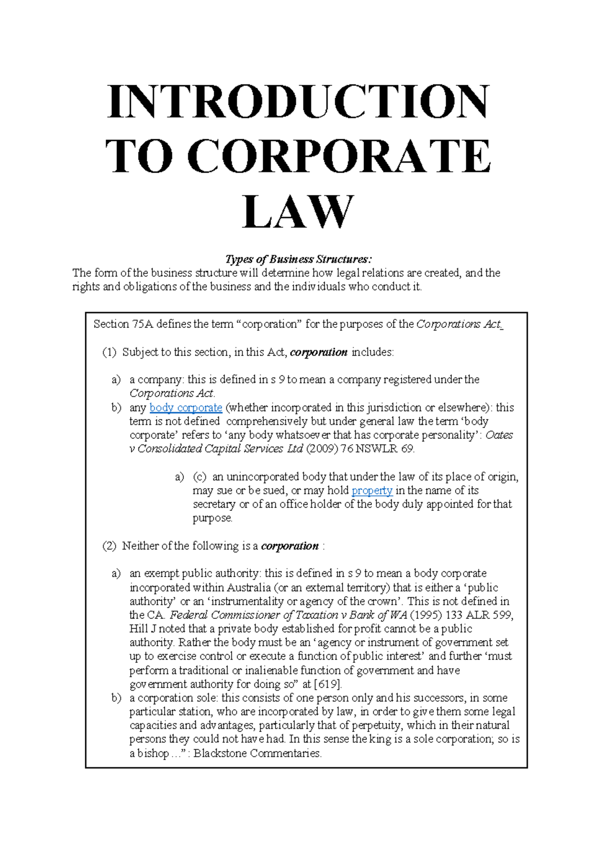 Corporate-Law-Notes - Course Summary - INTRODUCTION TO CORPORATE LAW ...