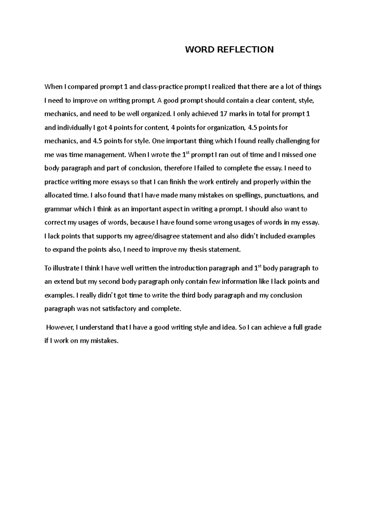 Word Reflection Word Reflection When I Compared Prompt 1 And Class Practice Prompt I Realized