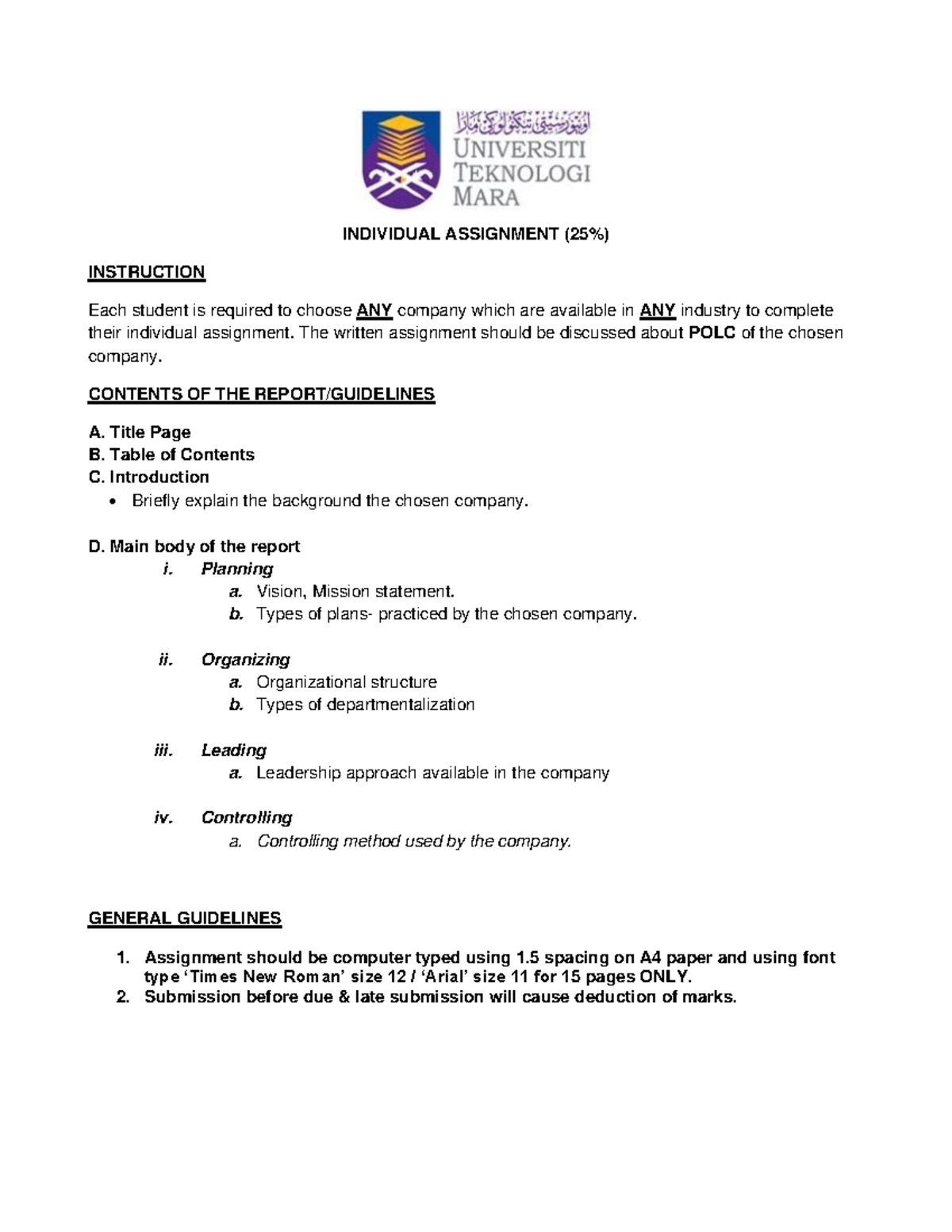 Individual ASSG OKT2021 - principal of managerial - UiTM - Studocu