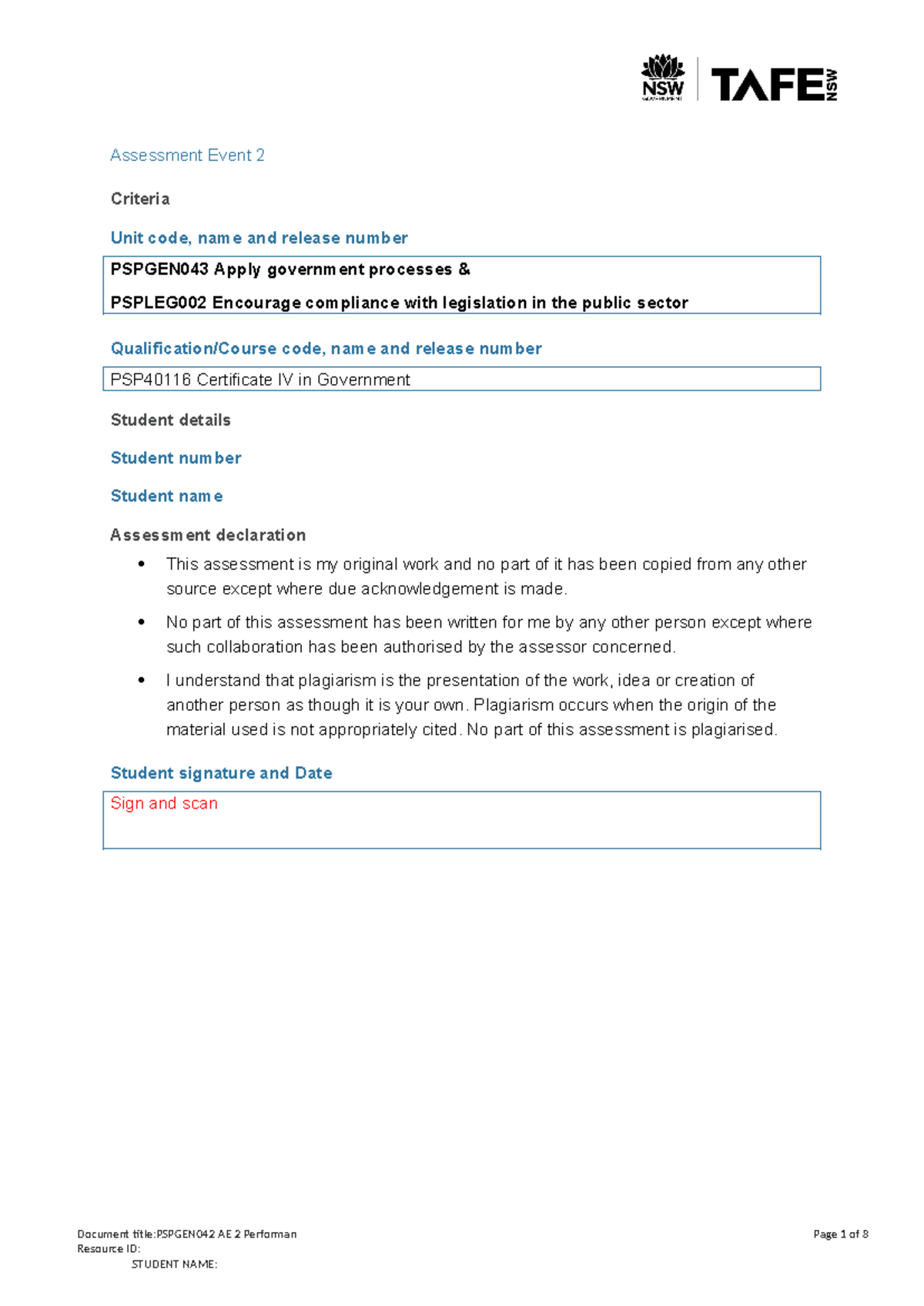 Pspgen 043 - Cert IV Government - Assessment Event 2 Criteria Unit code ...