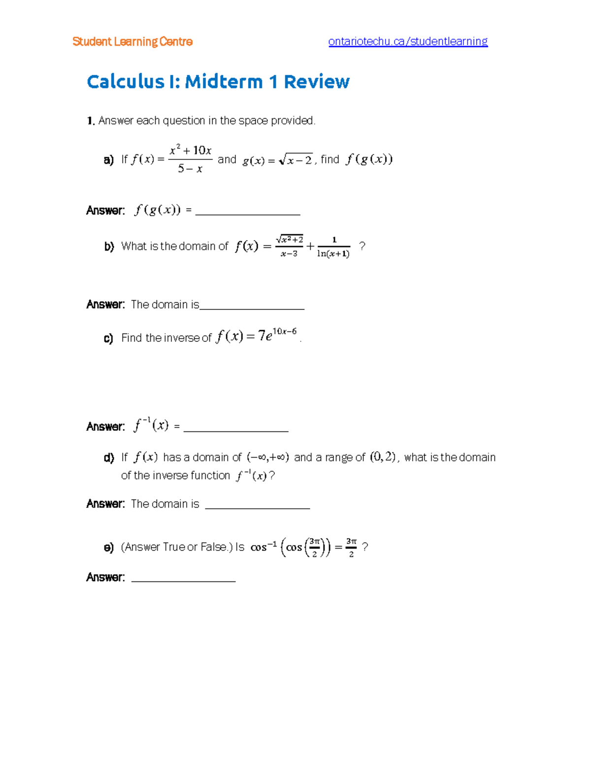 MATH1010 Practice Midterm 1 F2023 - Student Learning Centre ontariotechu/studentlearning ...