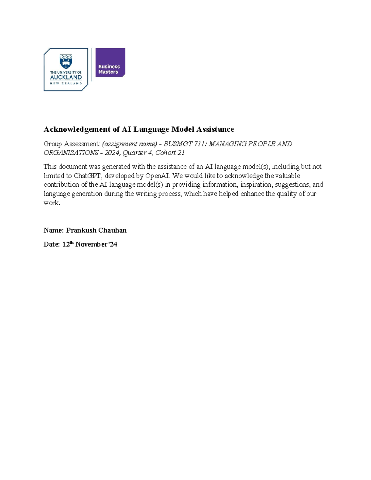 AI Acknowledgement Sneha - Acknowledgement of AI Language Model ...