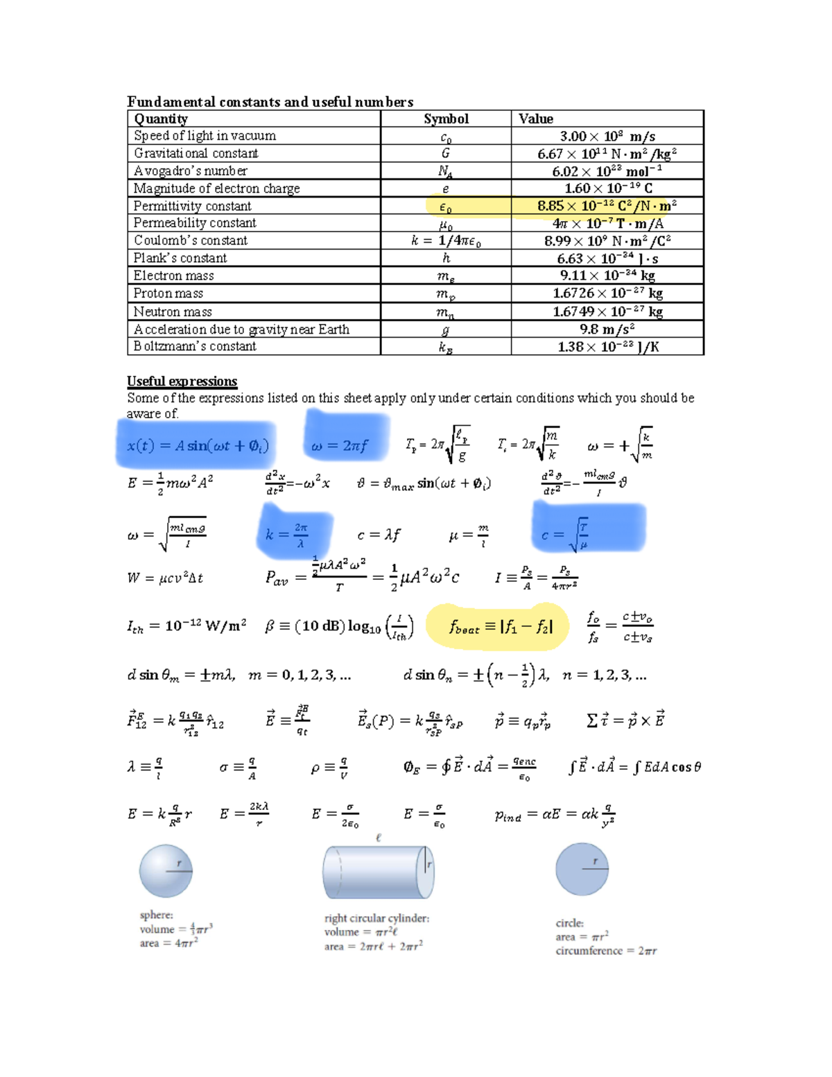 Formula+sheet-Block+3 - Fundamental constants and useful numbers ...