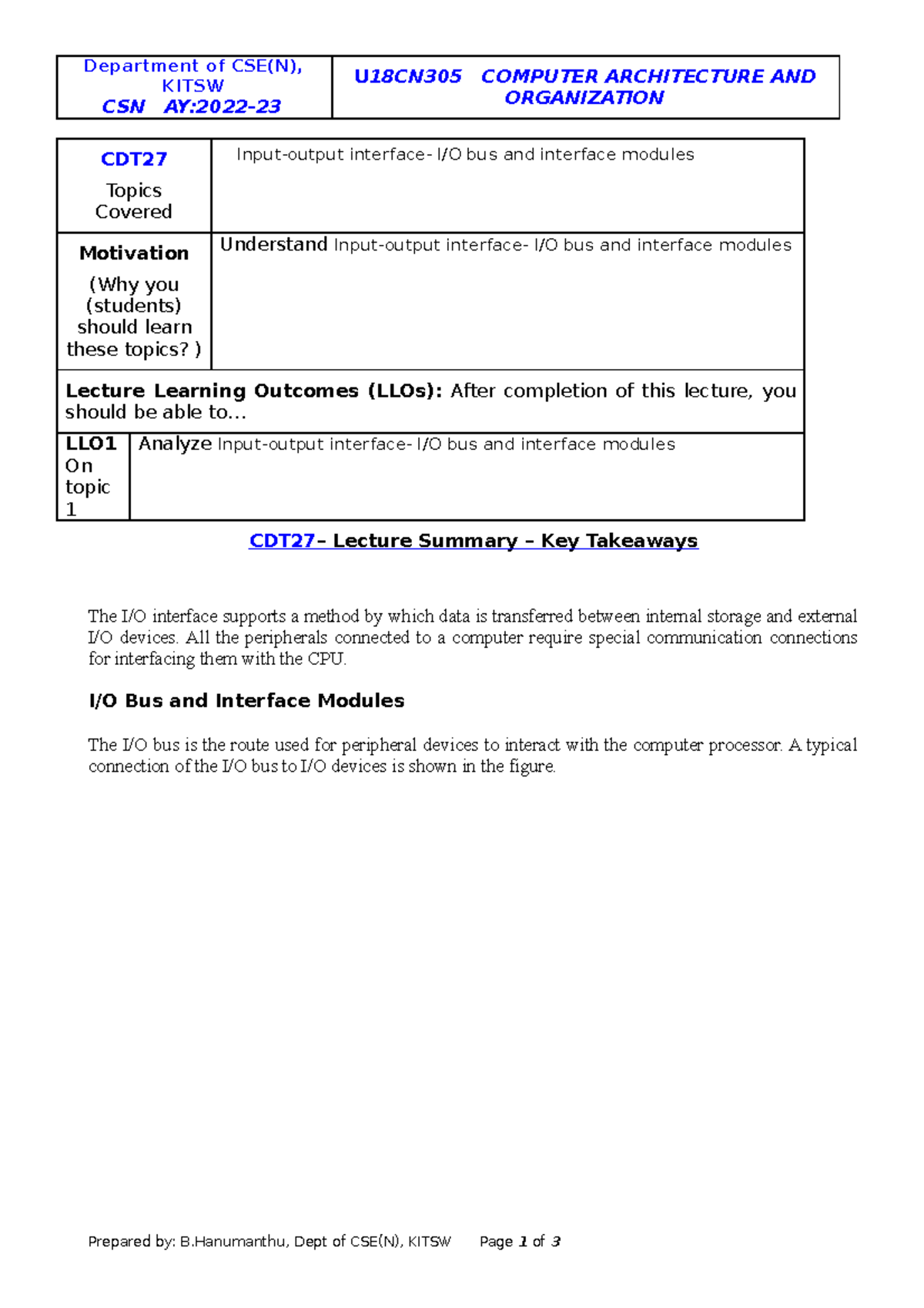 CAO_CDT_SUMMARY - Department of CSE(N), KITSW CSN AY:2022- U18CN305 ...