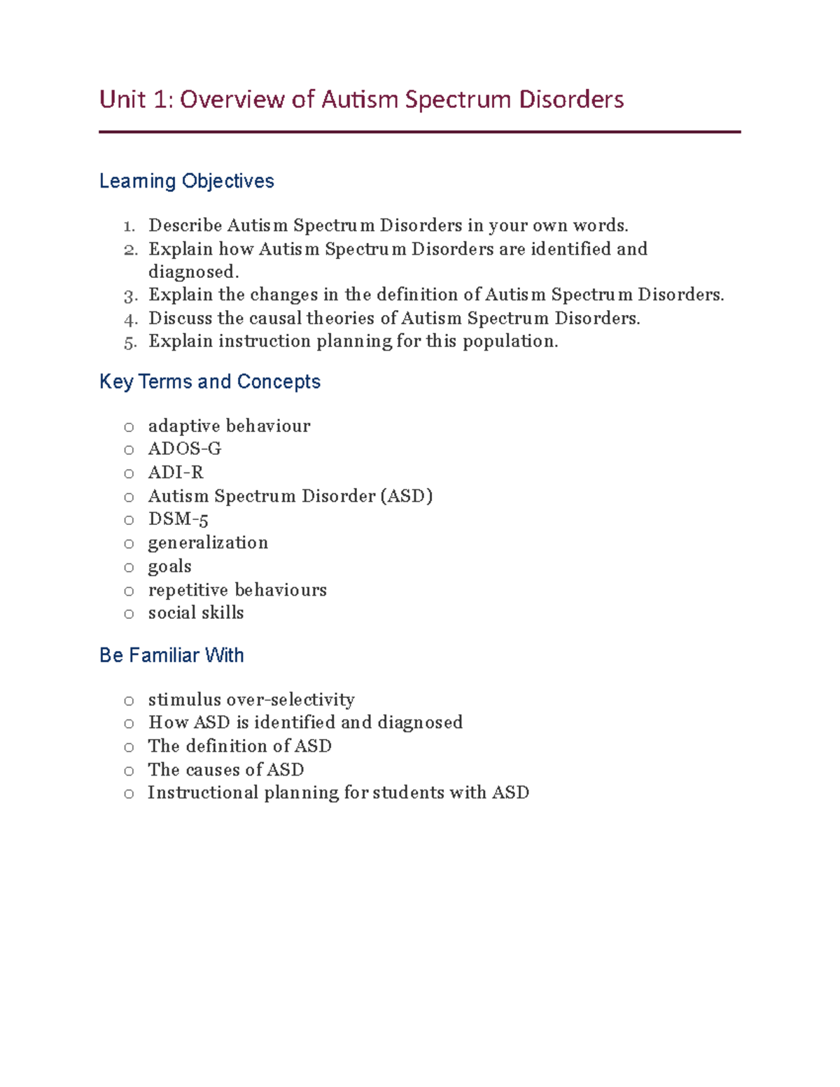 UNIT 1 - Textbook/video reading notes. - Unit 1: Overview of Autism ...