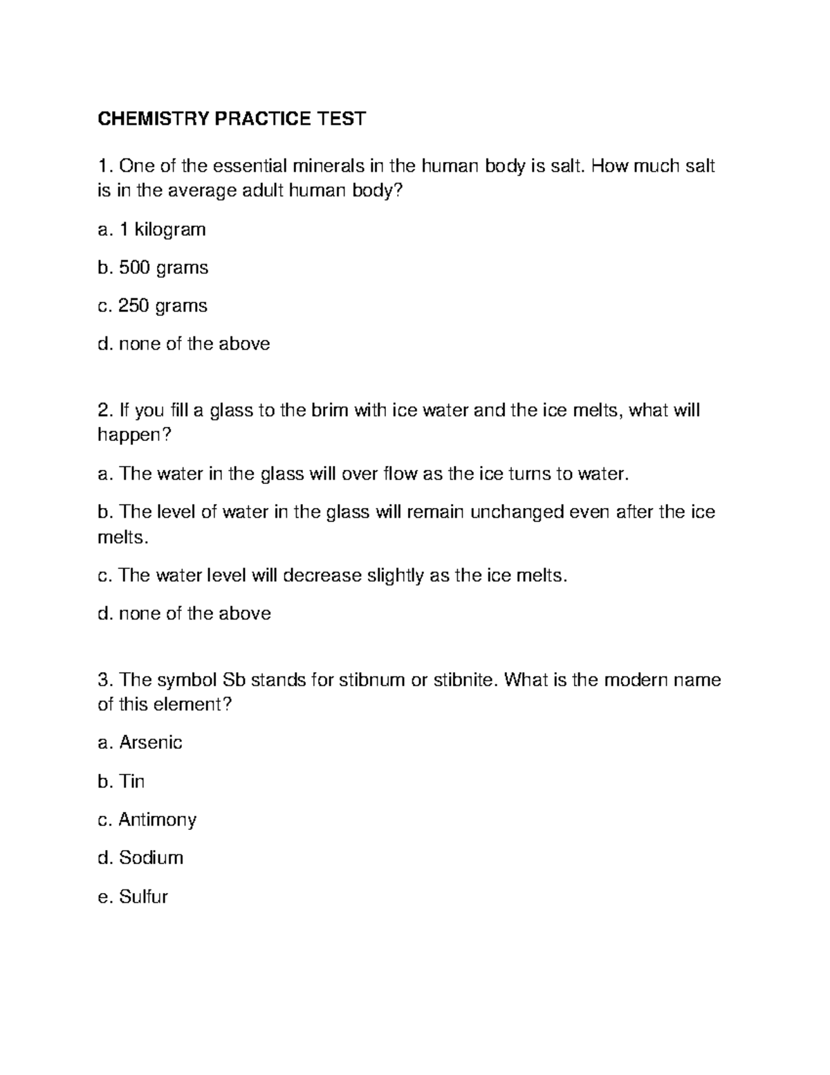 Chemistry Practice TEST - CHEMISTRY PRACTICE TEST One of the essential ...