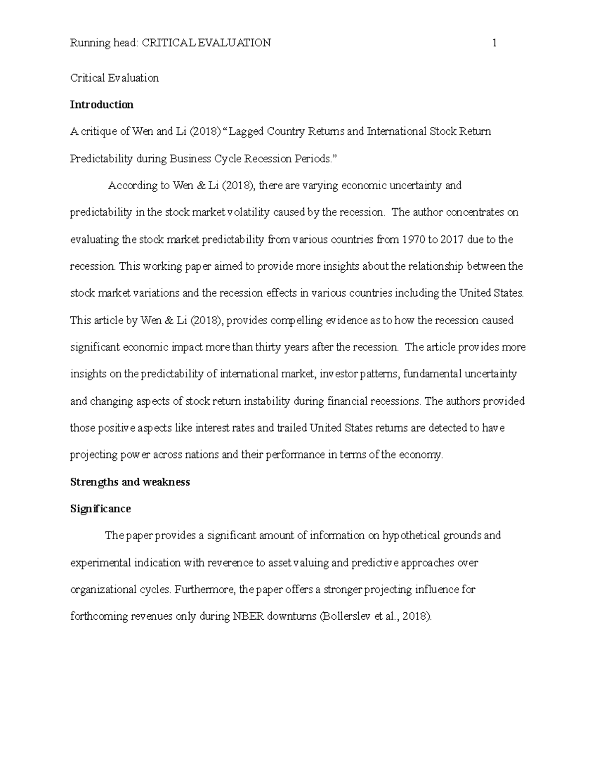 Critical Evaluation Paper - Running head: CRITICAL EVALUATION 1 ...