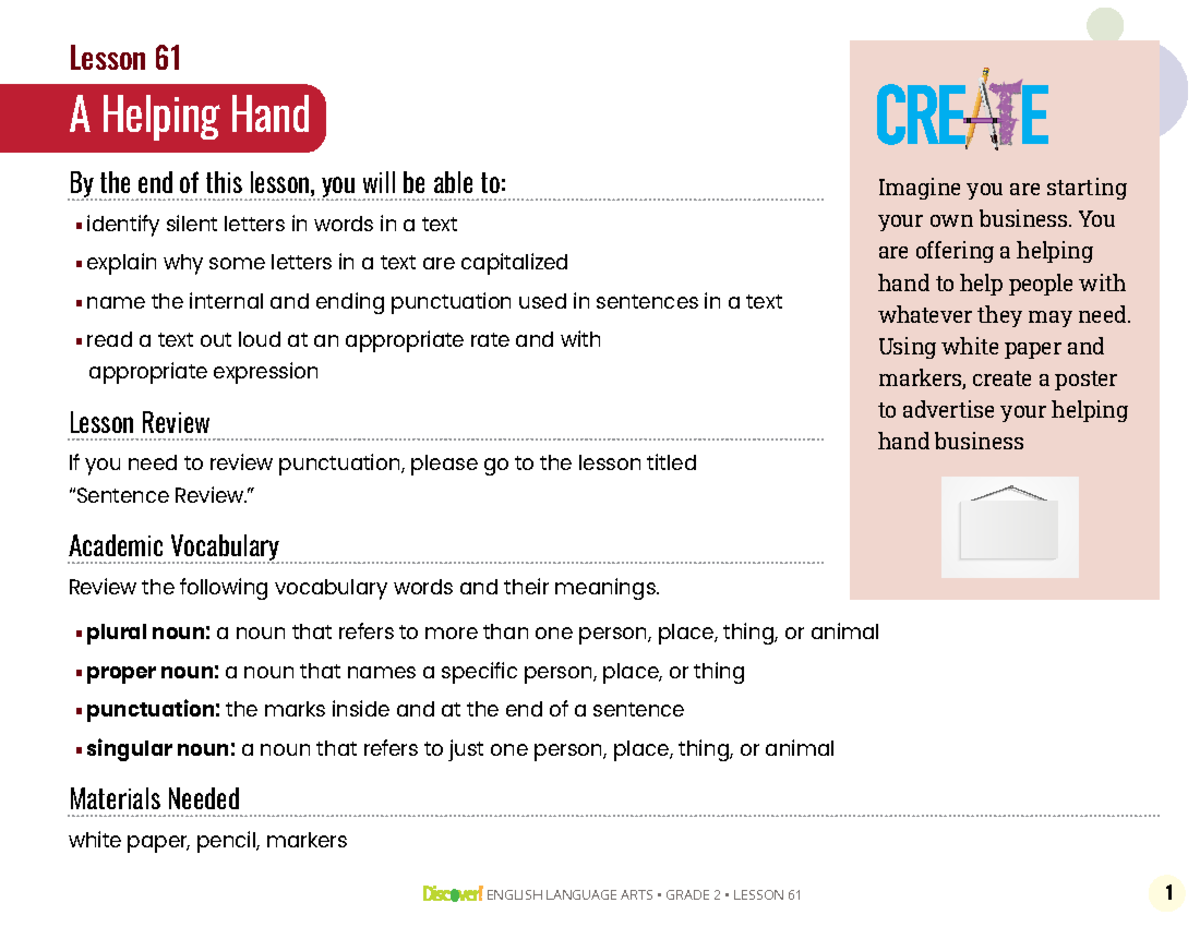G2L61 ELA WT - Workbook text - Lesson 61 A Helping Hand By the end of ...