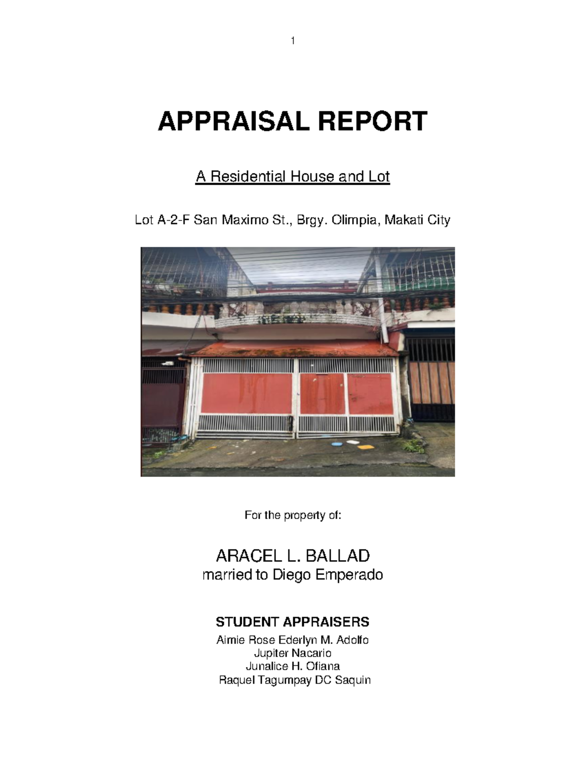 Draft ONLY Residential house and lot - APPRAISAL REPORT A Residential ...