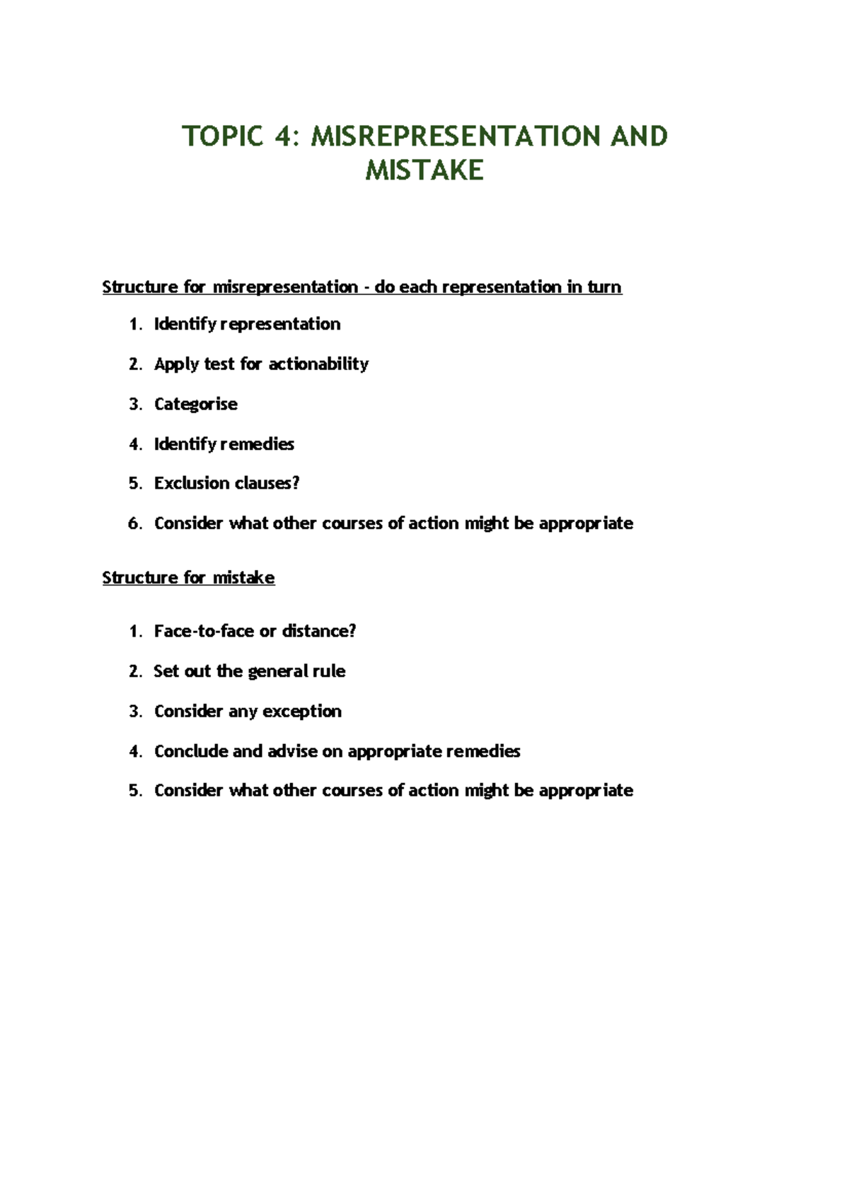 Topic 4 - TOPIC 4: MISREPRESENTATION AND MISTAKE Structure for ...