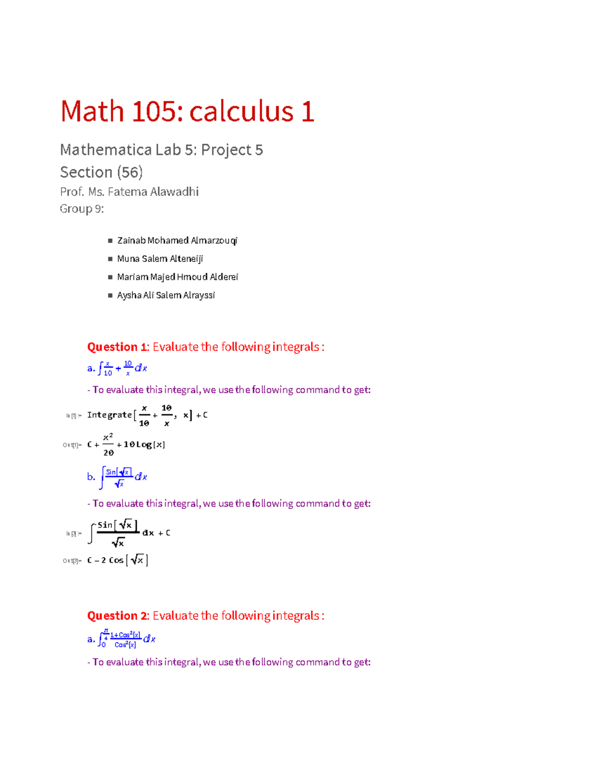 Project 5 of calculus 1 using mathematica program - Math 105: calculus 1 Mathematica Lab 5 ...