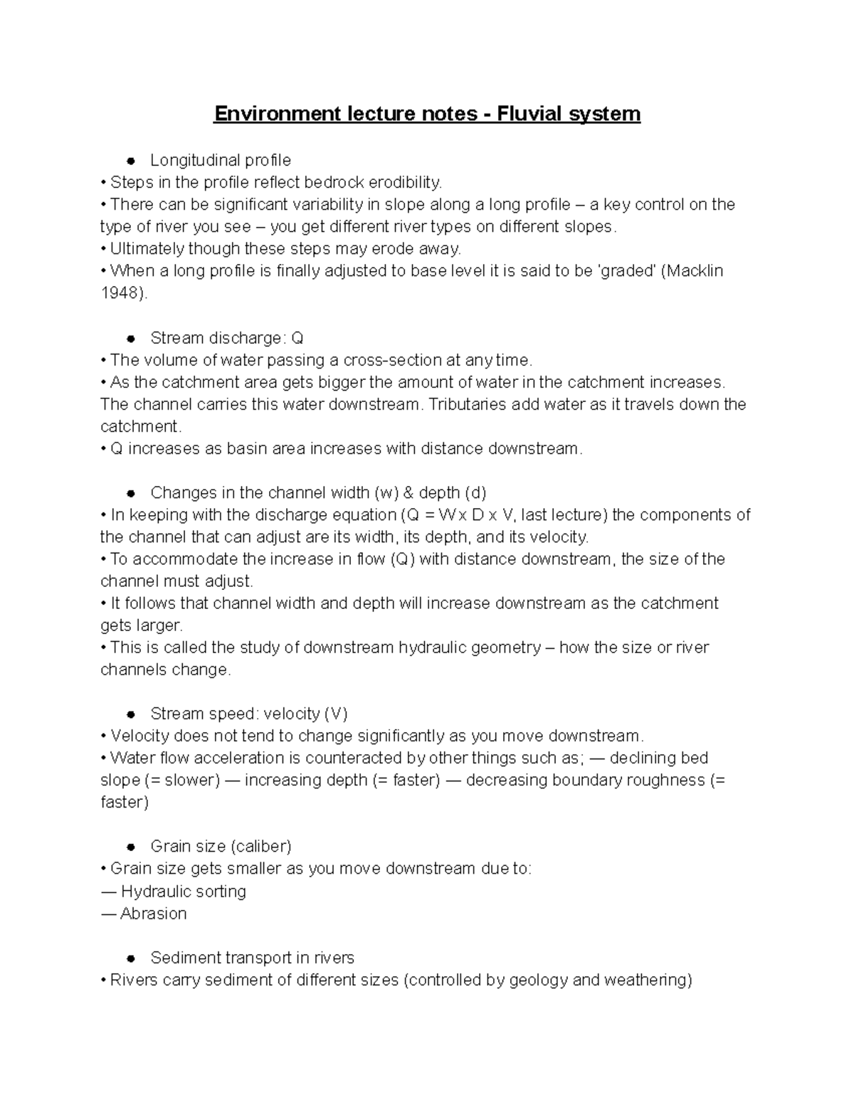 Environment lecture notes - Fluvial system - There can be significant ...