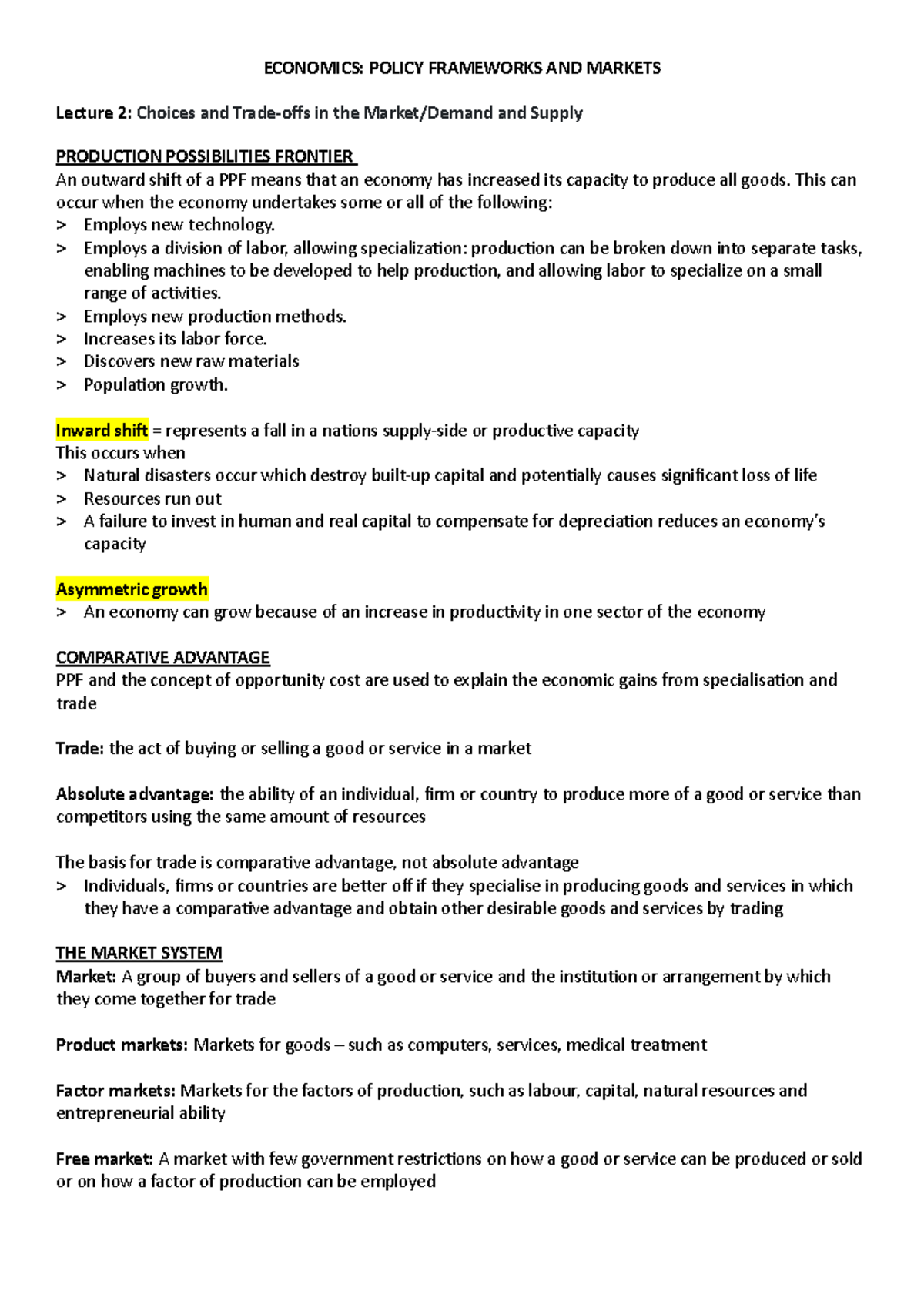 S1 - ECON Notes - ECONOMICS: POLICY FRAMEWORKS AND MARKETS Lecture 2 ...