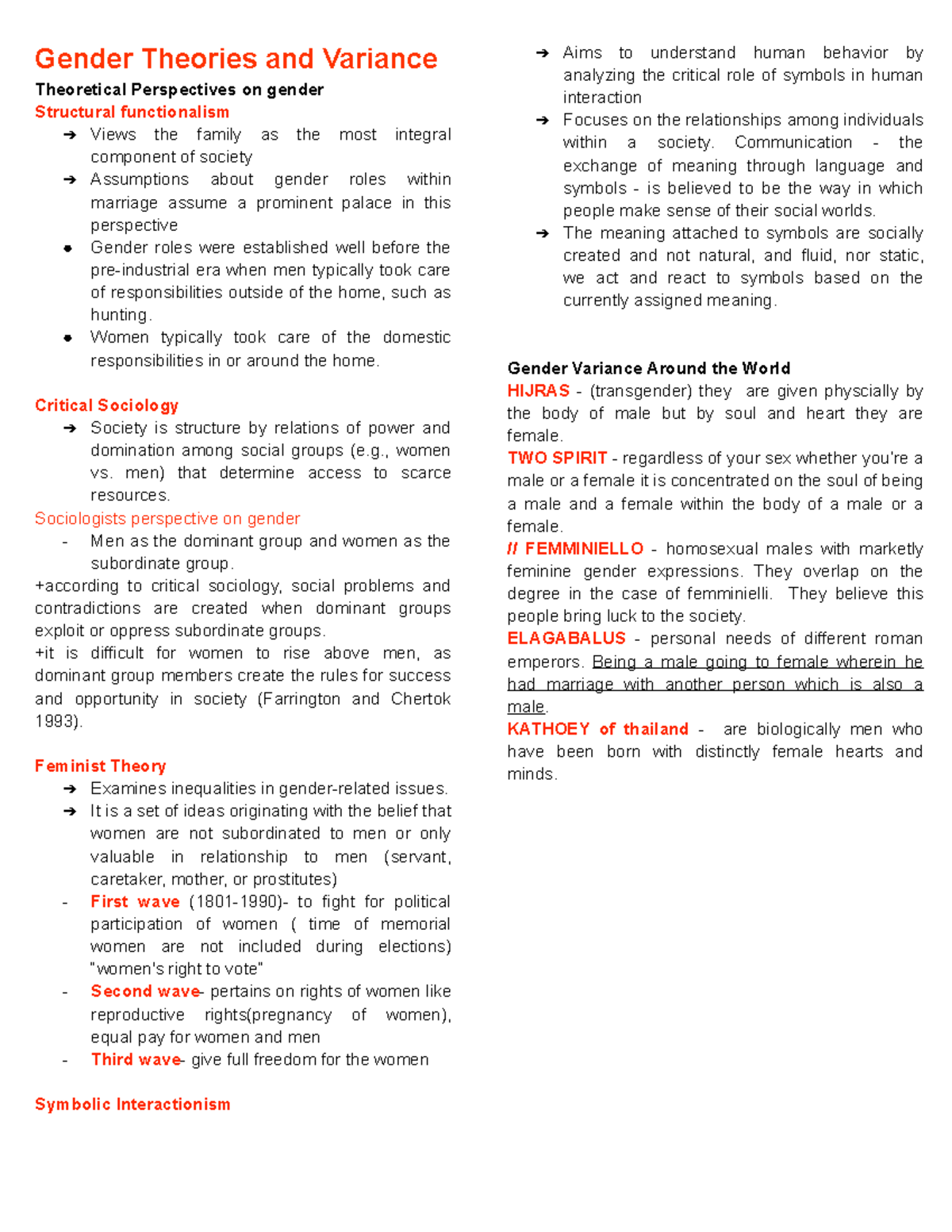 Gender Theories and Variance (Notes) - Gender Theories and Variance ...