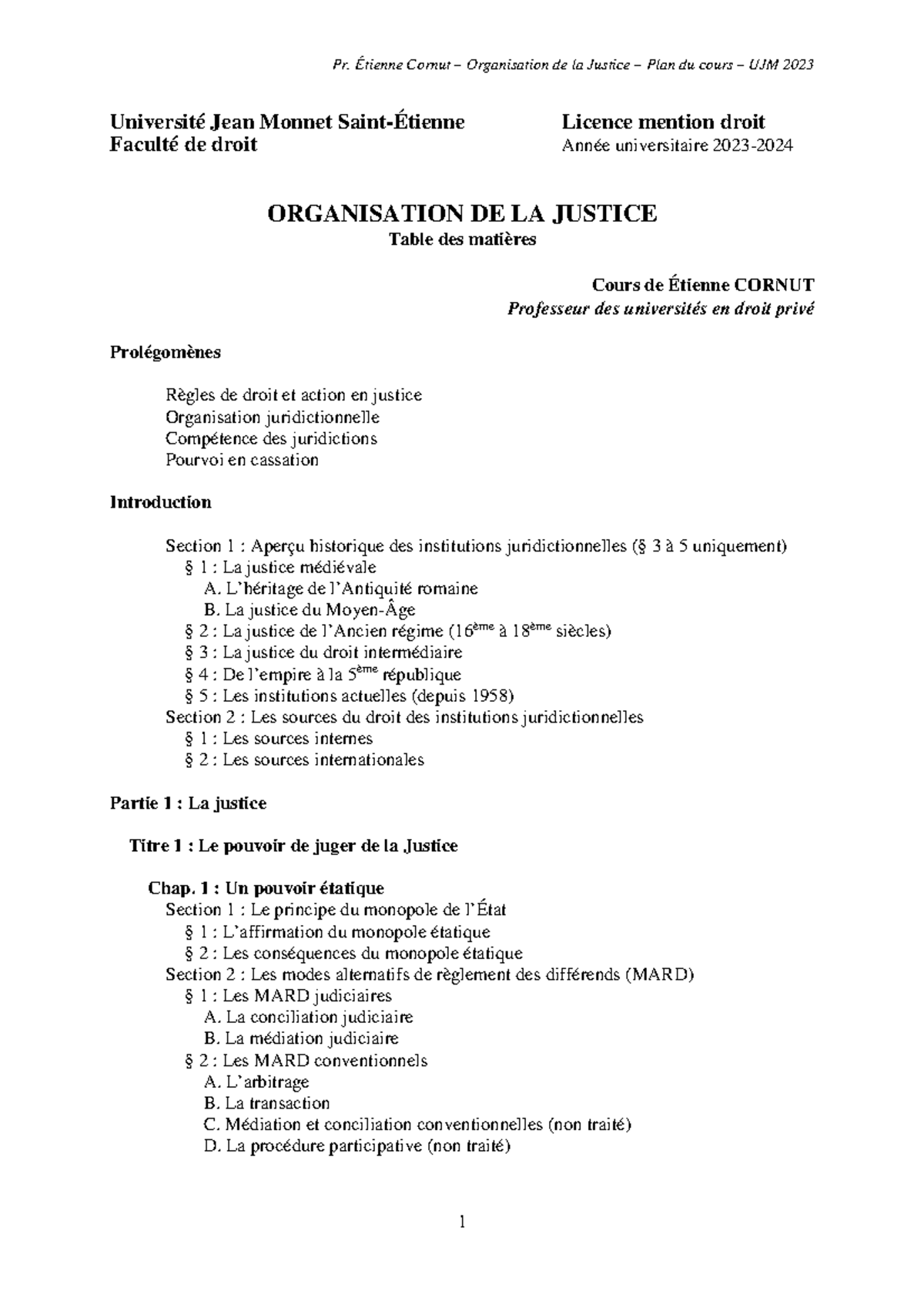 Plan de cours - Pr. Étienne Cornut – Organisation de la Justice – Plan ...