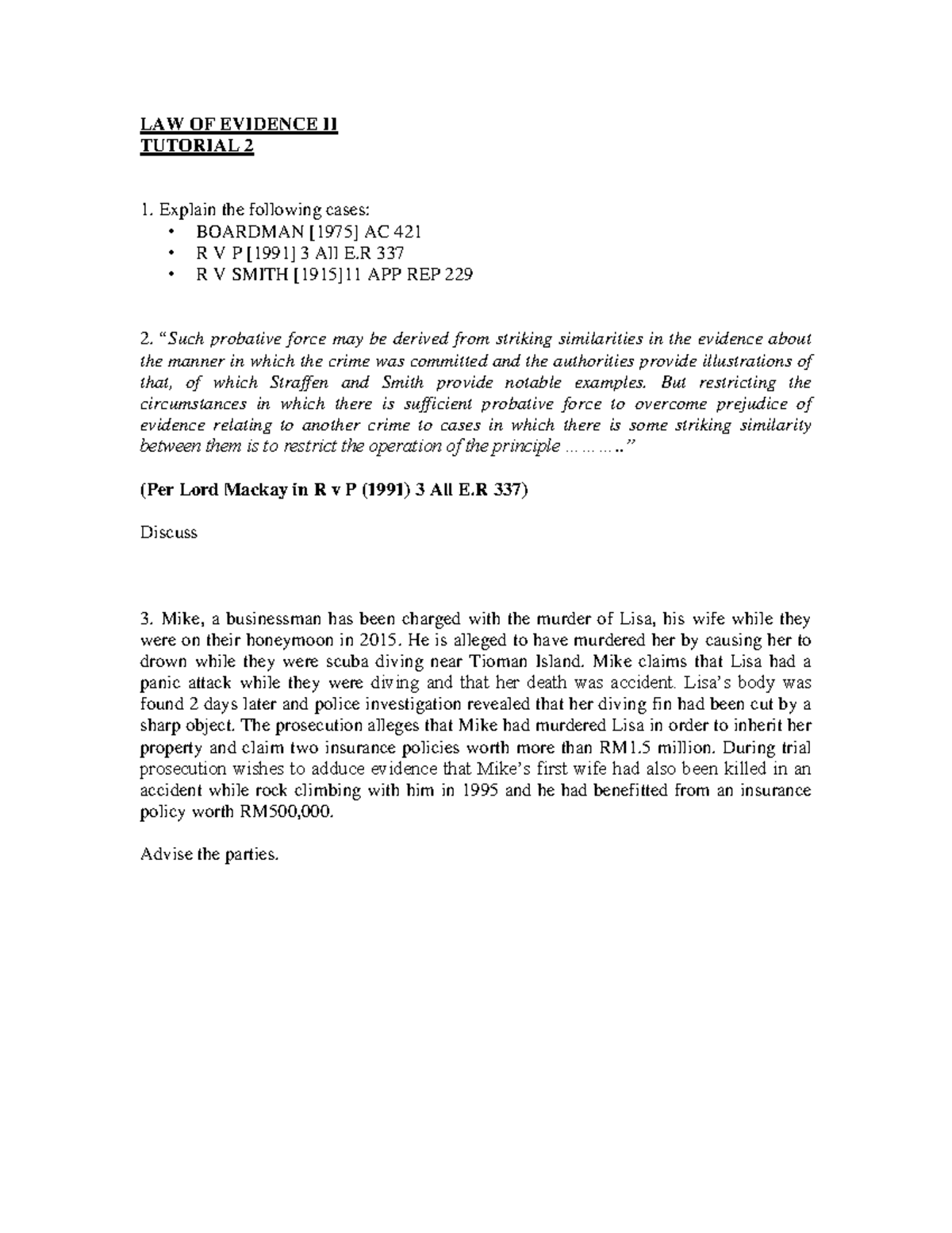 Tuts 2 Qs - Similar Fact Evidence - LAW OF EVIDENCE II TUTORIAL 2 ...