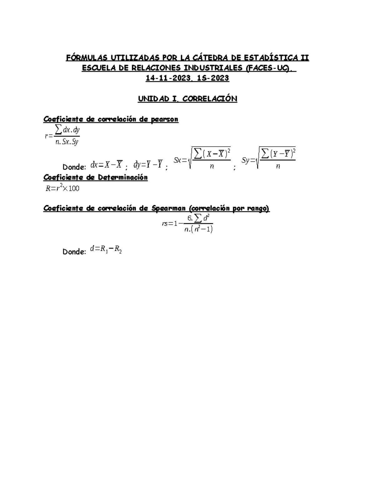 Fórmulas para estadística II - FÓRMULAS UTILIZADAS POR LA CÁTEDRA DE ...
