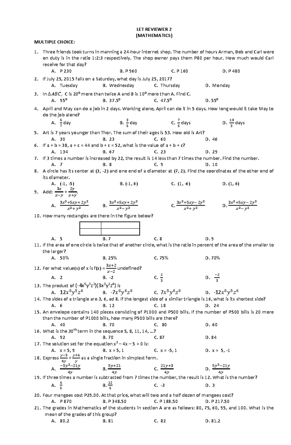 LET Reviewer 2 GE B MATH - LET REVIEWER 2 (MATHEMATICS) MULTIPLE CHOICE ...