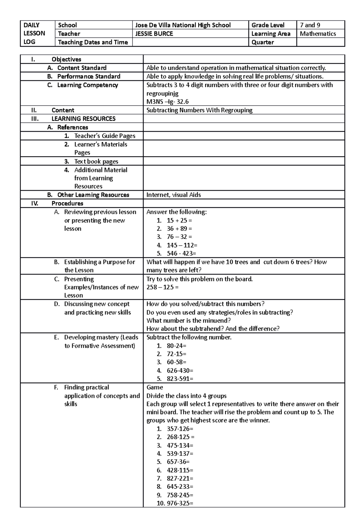 Daily Lesson Log Lesson 5 - DAILY LESSON LOG School Jose De Villa ...
