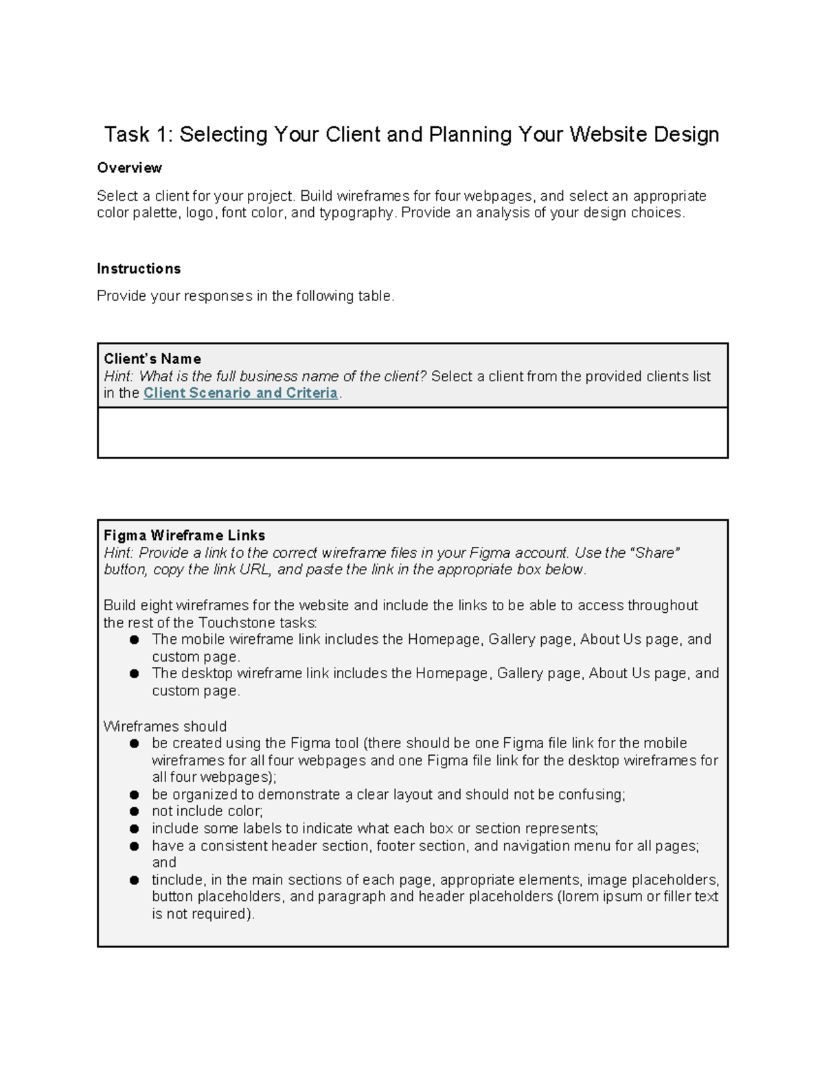 Touchstone Task 1: Selecting Your Client and Planning Your Website Design - Task 1: Selecting ...
