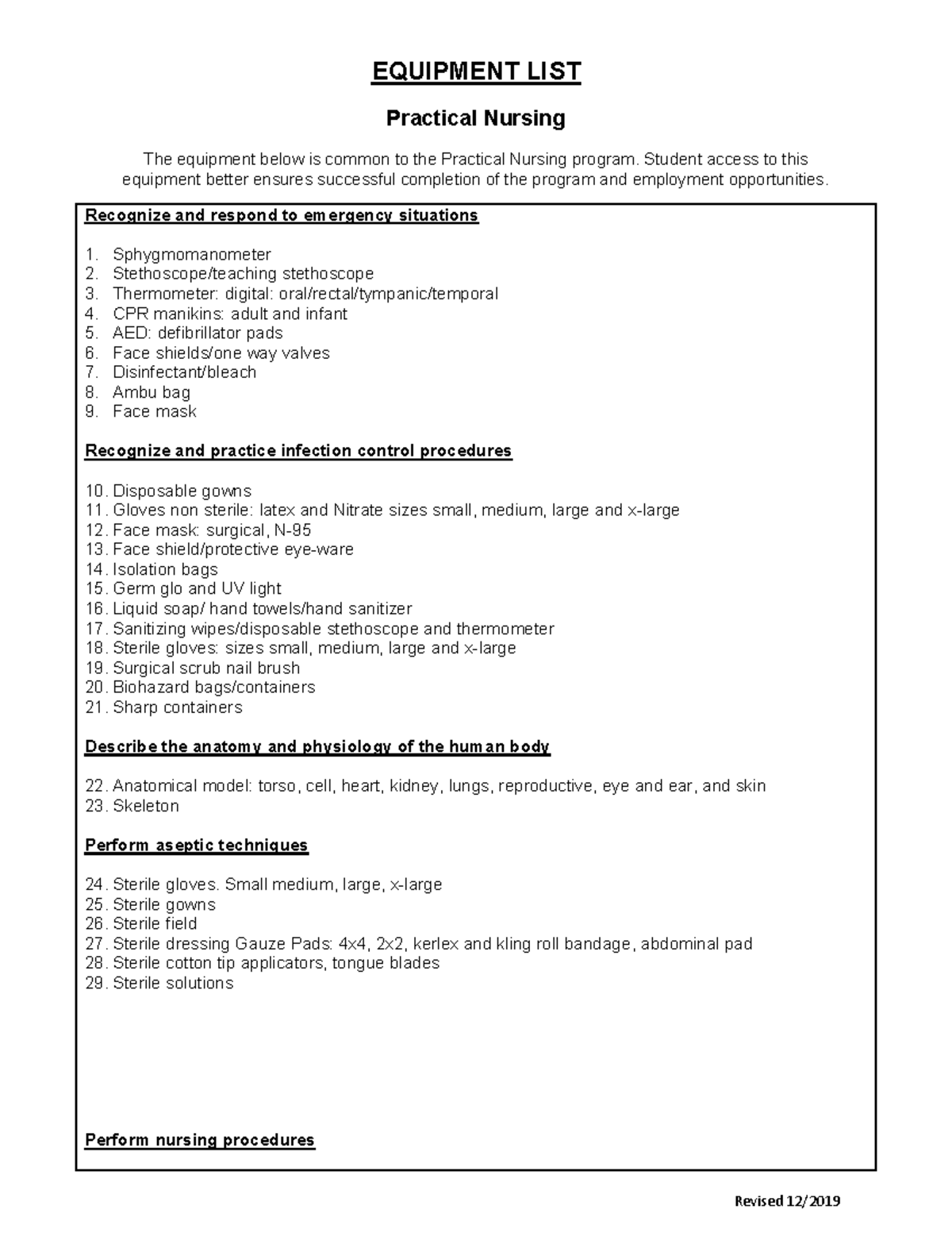 Practical Nursing Equip List - Revised 12/ EQUIPMENT LIST Practical ...