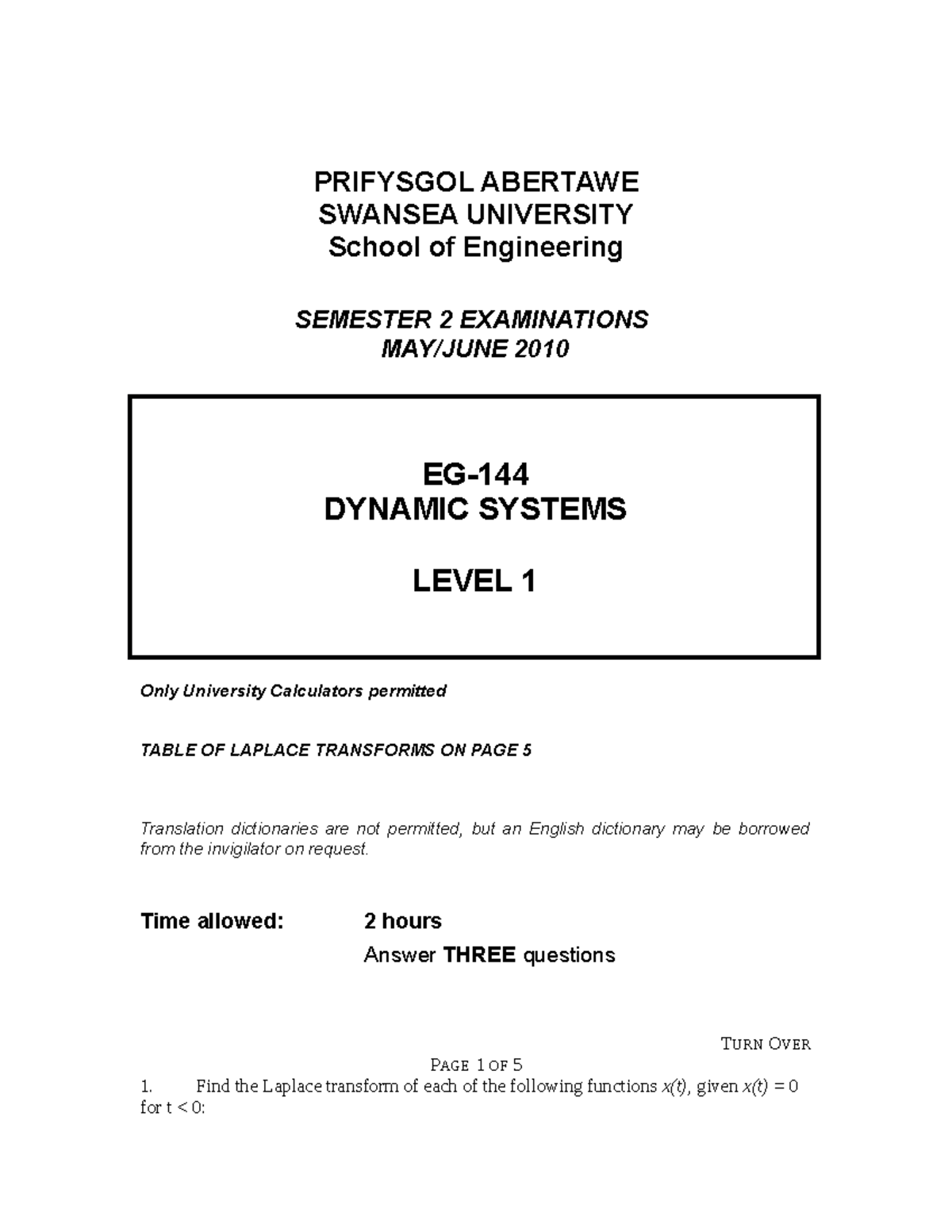 EG 144 Dynamic Systems Exam Paper May 10 - PRIFYSGOL ABERTAWE SWANSEA ...