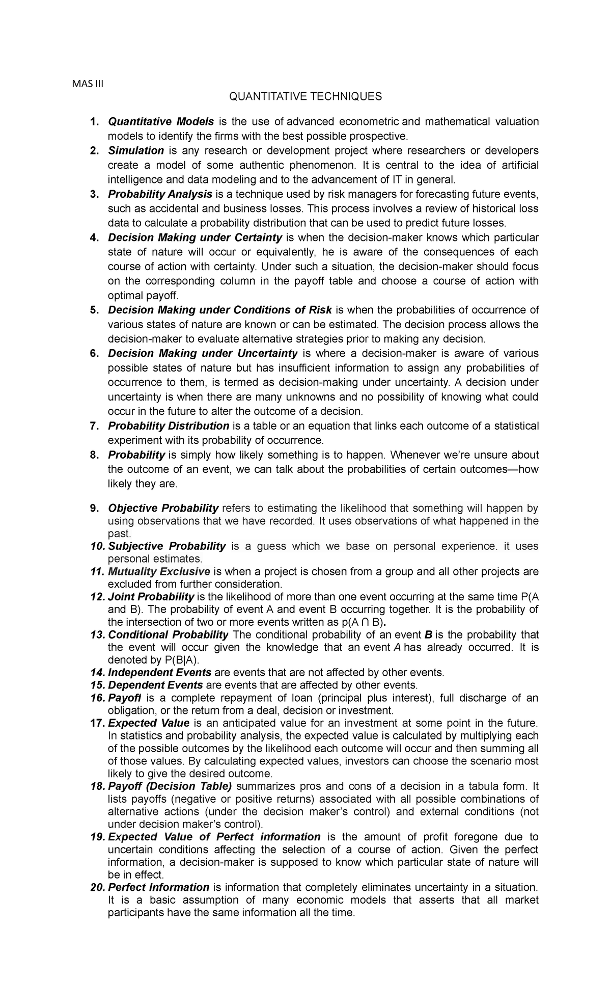 Mas assignment 2019-10-27 - MAS III QUANTITATIVE TECHNIQUES ...