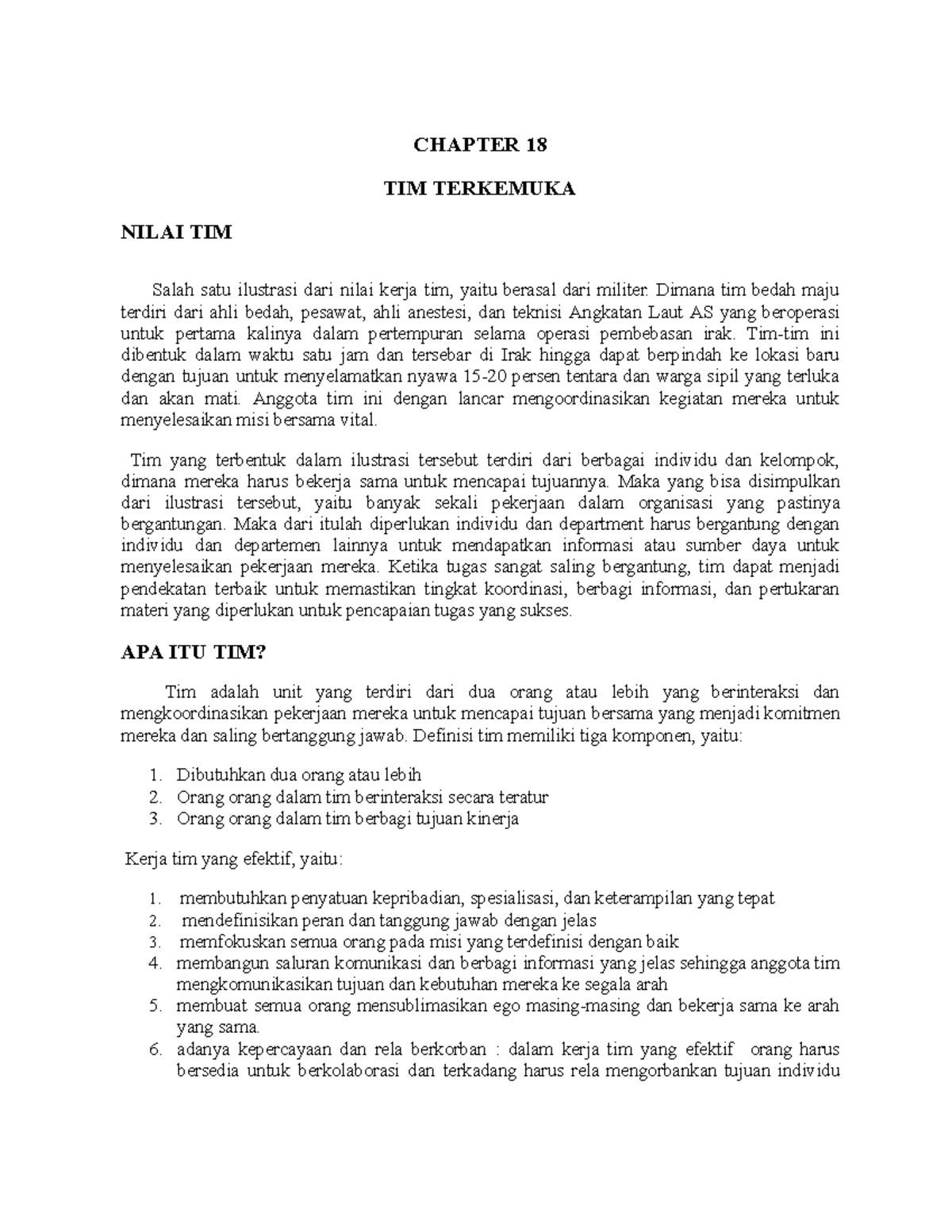Resume Manajemen Chapter 18 - CHAPTER 18 TIM TERKEMUKA NILAI TIM Salah satu ilustrasi dari nilai ...