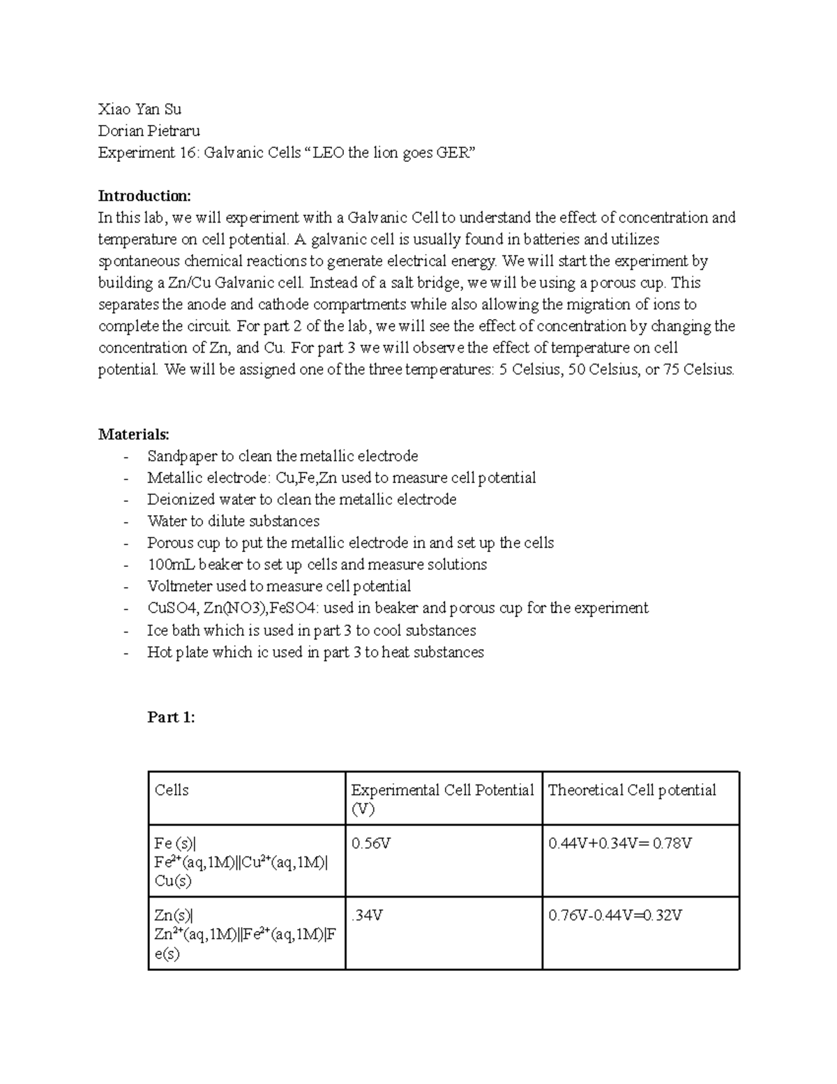 Lab 16 report - Xiao Yan Su Dorian Pietraru Experiment 16: Galvanic ...