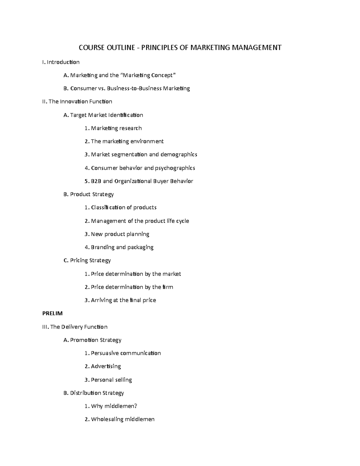Course Outline - love - COURSE OUTLINE - PRINCIPLES OF MARKETING ...