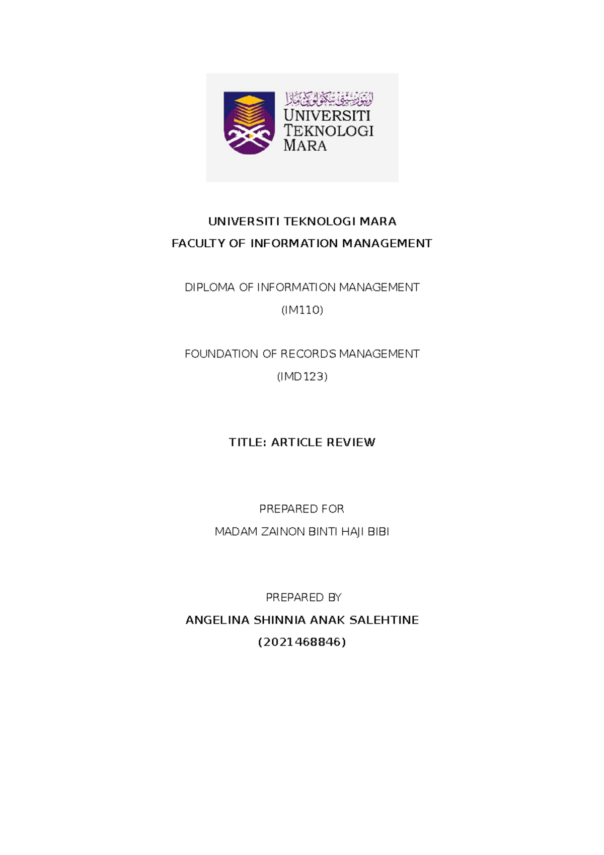 Article Review - ASSIGNMENTS - UNIVERSITI TEKNOLOGI MARA FACULTY OF ...