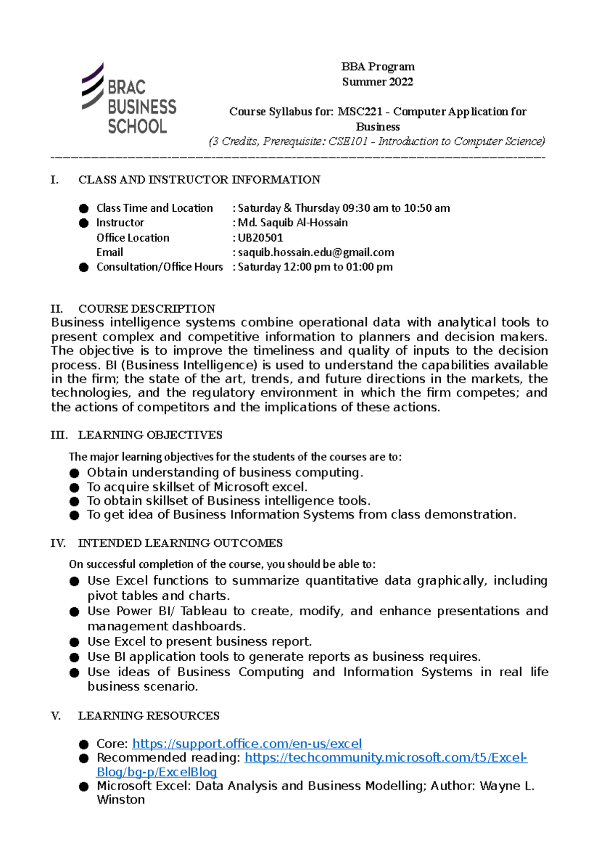 MSC 221 Course Outline - BBA Program Summer 2022 Course Syllabus for ...