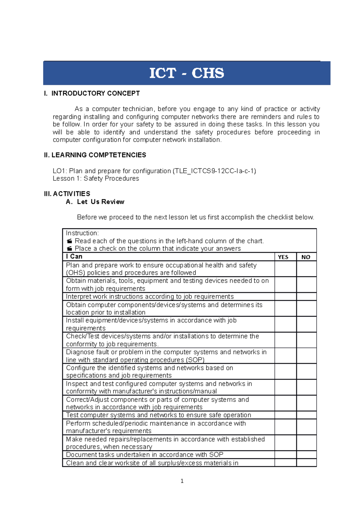 Information and Computer Technology safety procedures - I. INTRODUCTORY ...