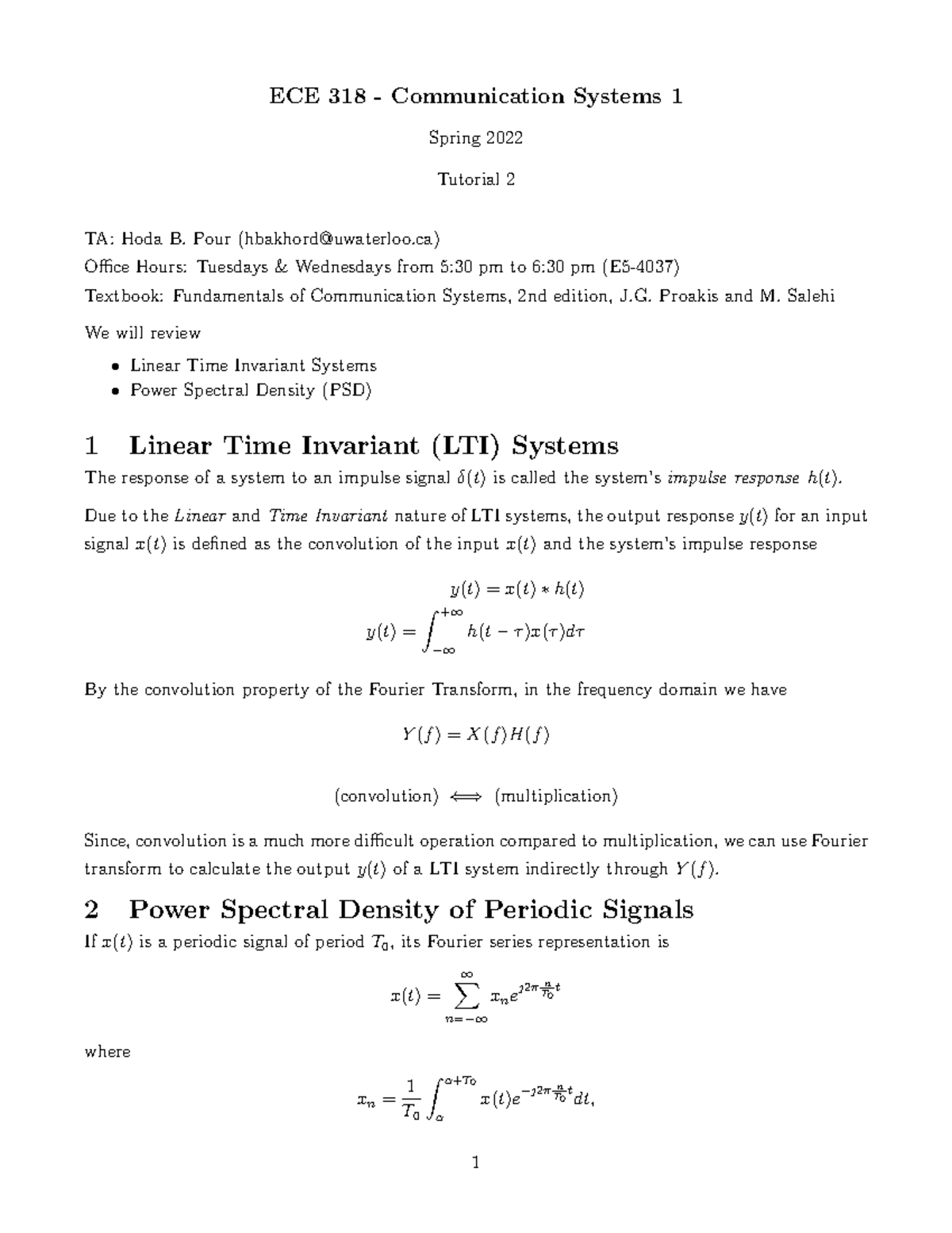 Tutorial 2 - Instructor: Weihua Zhuang - ECE 318 - Communication ...
