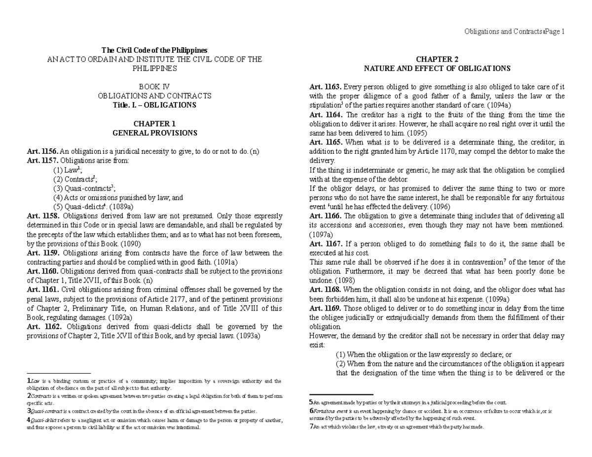 Obligations and Contracts - The Civil Code of the Philippines AN ACT TO ...