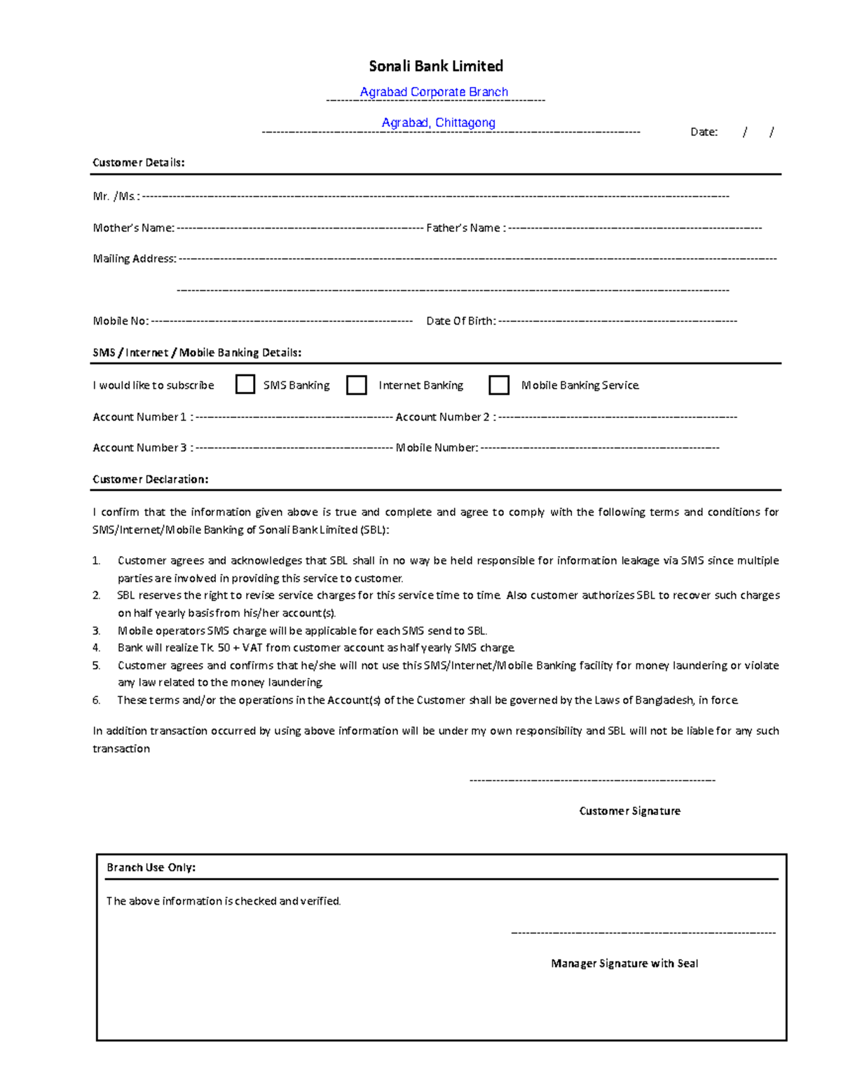 SMS Registration Form - Sonali Bank Limited - Date: / / Customer ...