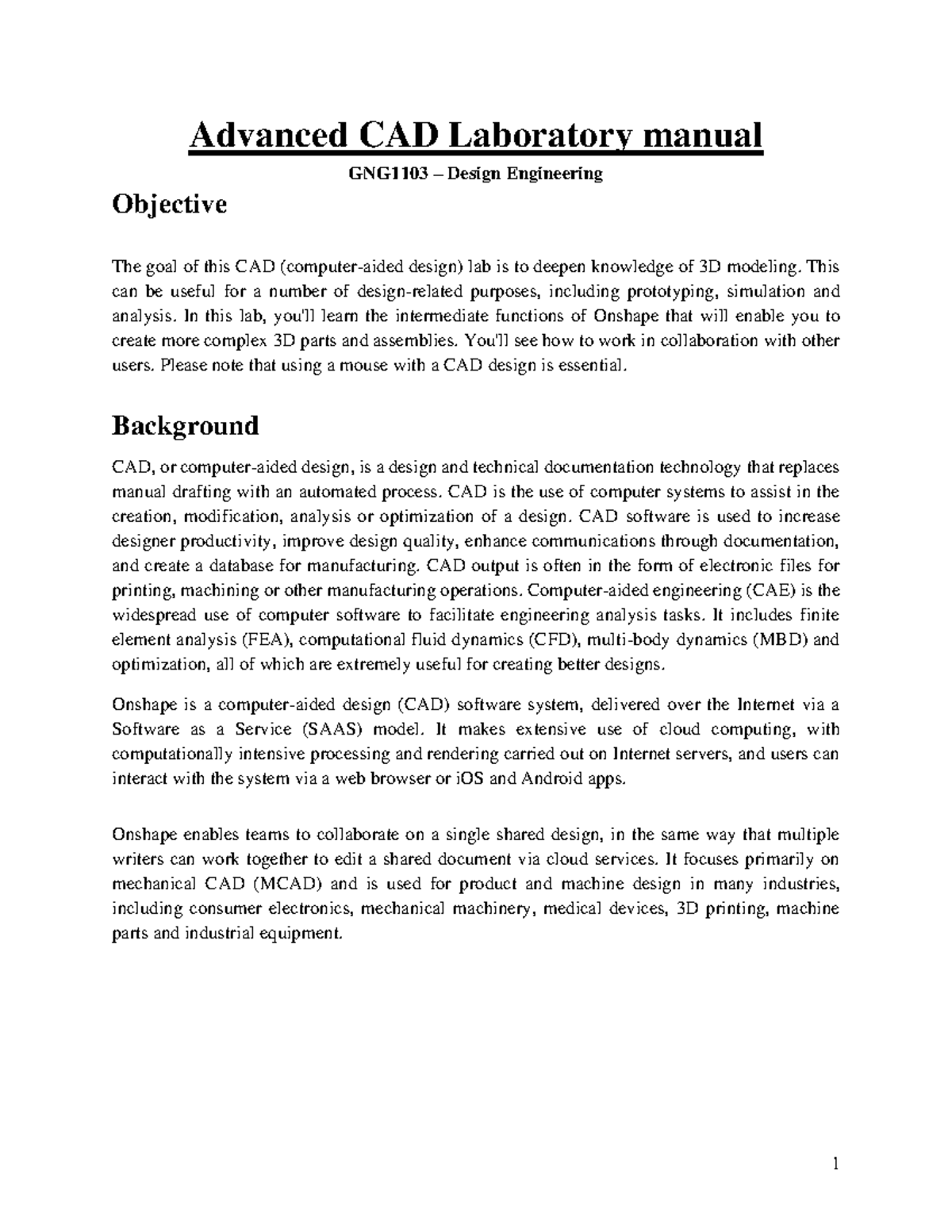 Prelab 5 - pre lab 5 - Advanced CAD Laboratory manual GNG1 103 – Design ...