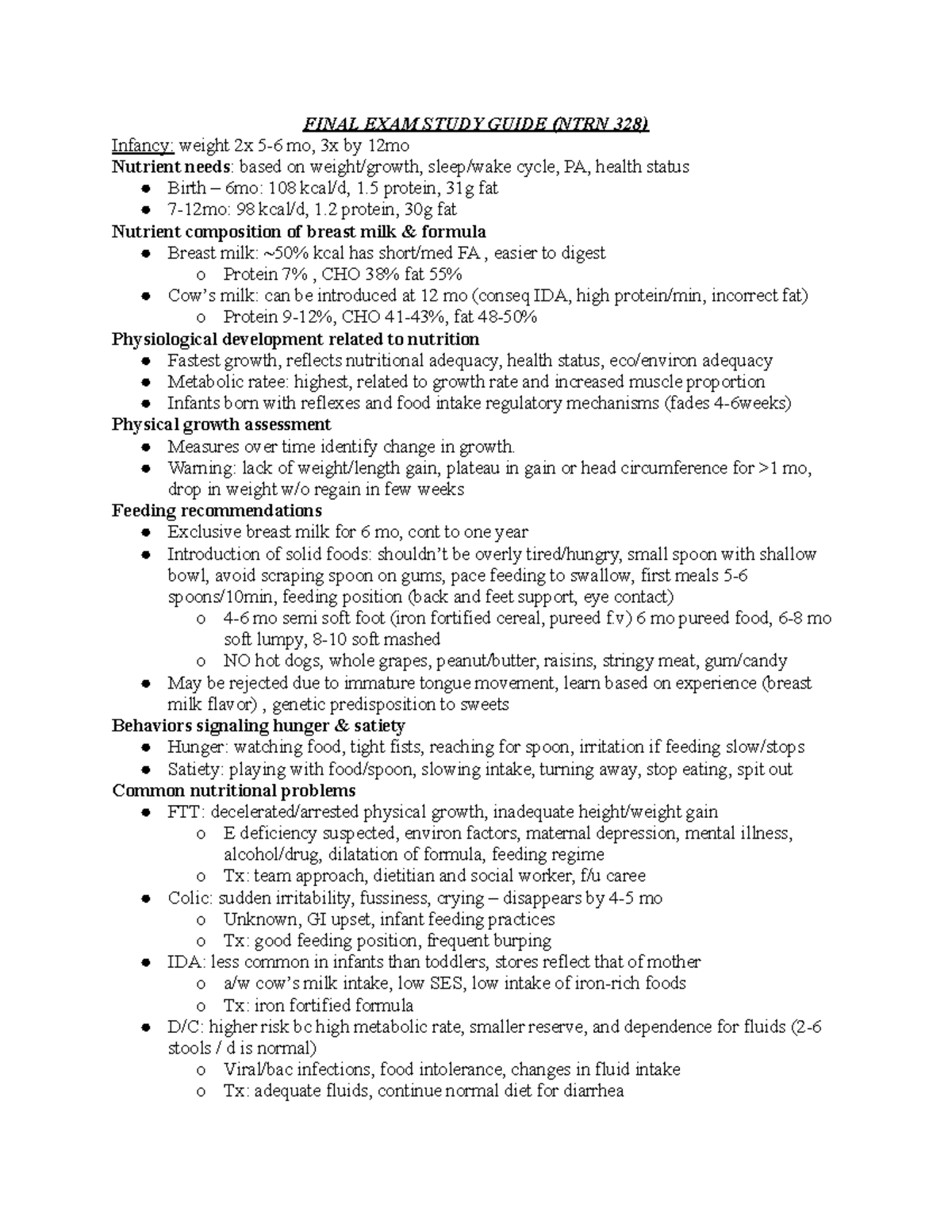 Final EXAM Study Guide - FINAL EXAM STUDY GUIDE (NTRN 328) Infancy ...