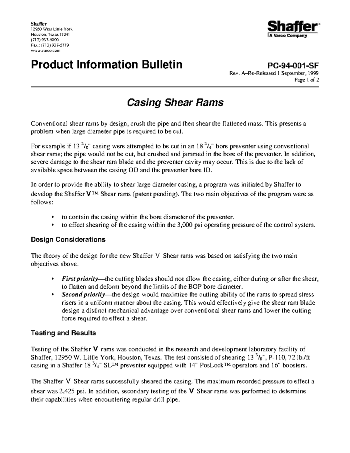 Casing Shear Ram data information for BOPs - Shaffer 12950 West Little ...