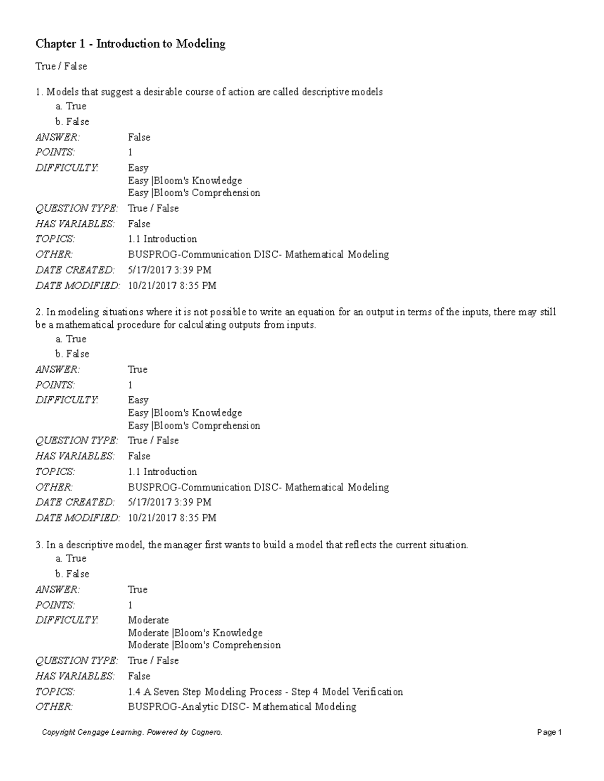 Chapter 1 Introduction to Modeling - True / False Models that suggest a ...