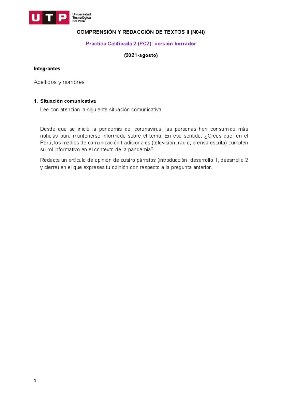 S15. s2 y S16. s1 - Práctica Calificada 2 (PC2) versión borrador formato - COMPRENSIÓN Y ...