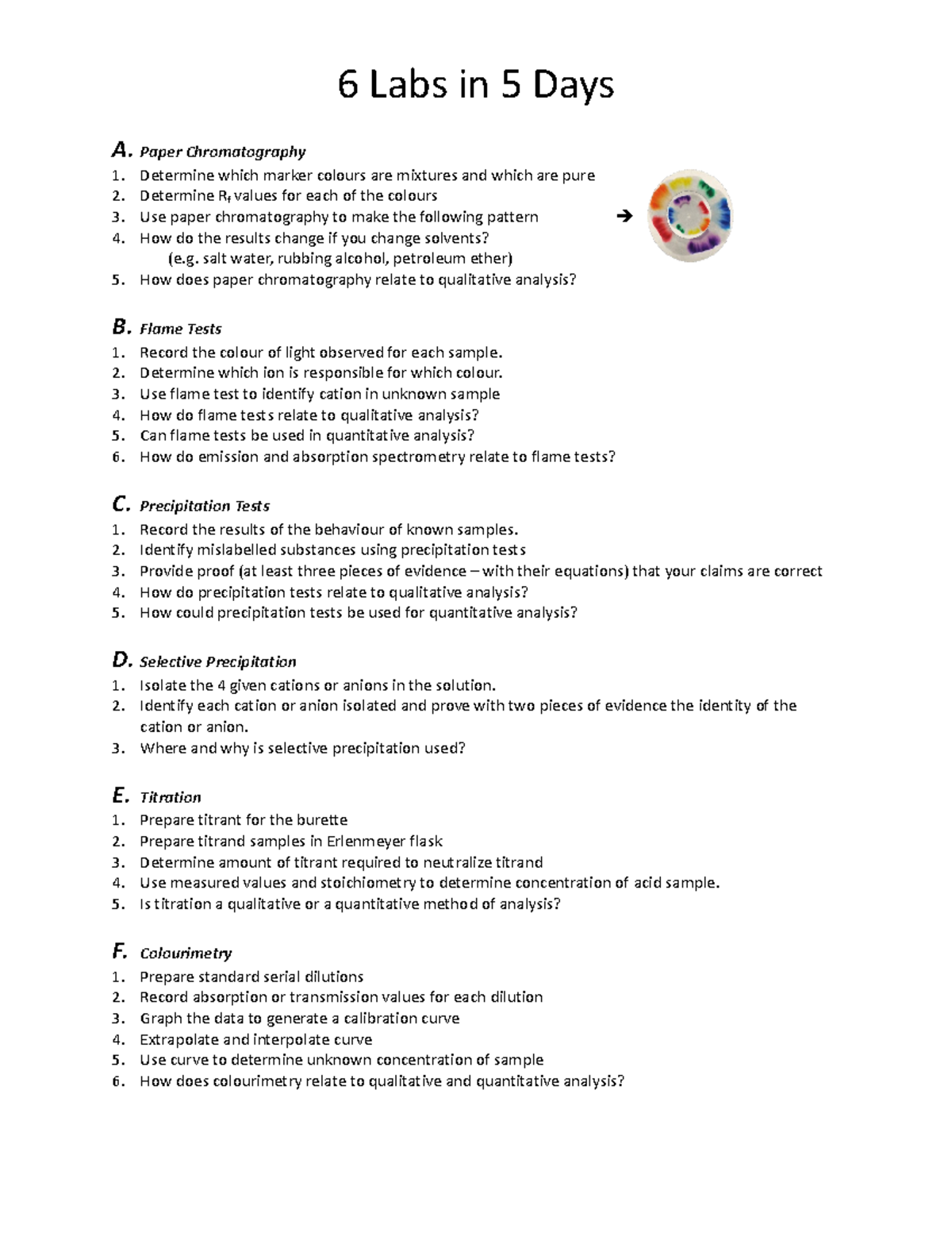6 labs and 5 days - lab info - 6 Labs in 5 Days A. Paper Chromatography ...